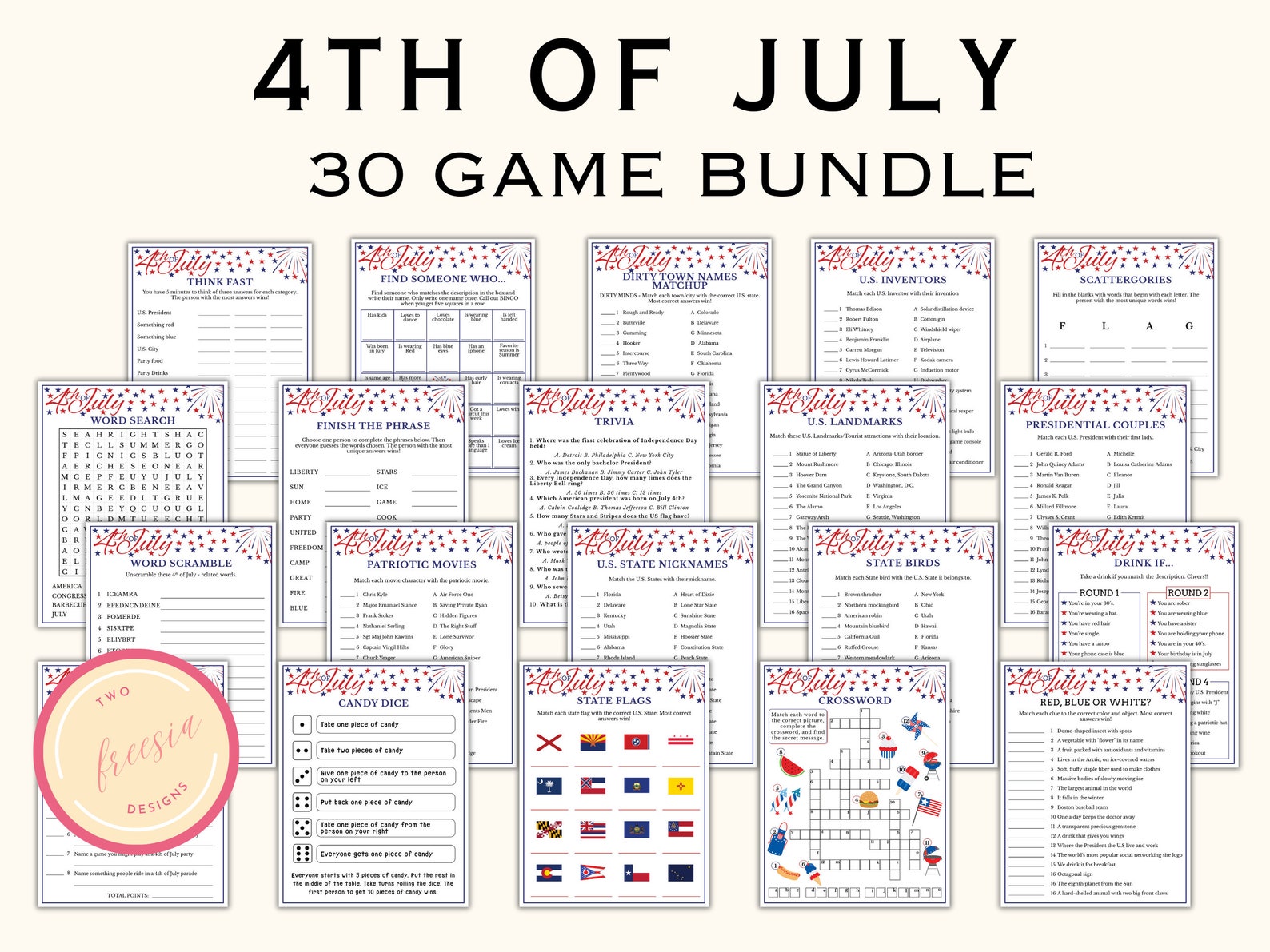 4th of July Games - 30 Printable Fourth of July Game Bundle for Kids ...