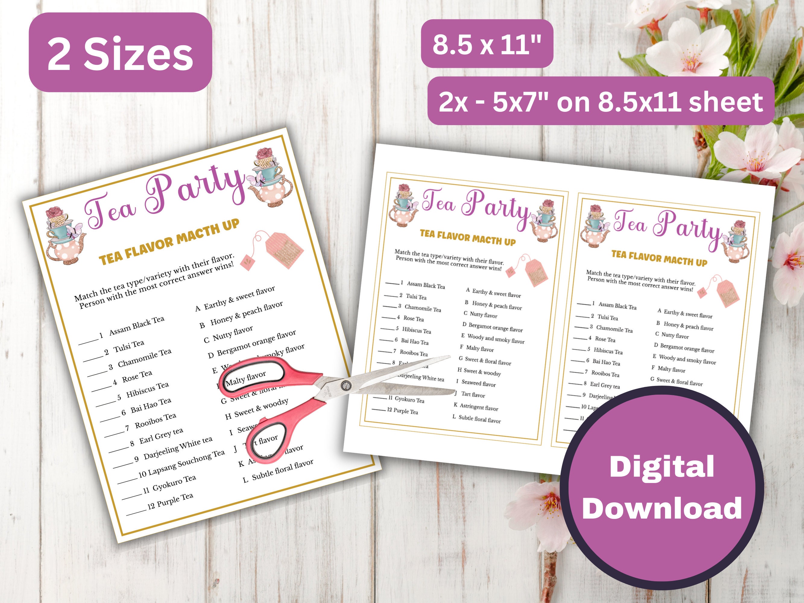 Tea Party Game - Tea Flavor Matchup - Printable Tea Party Games for ...