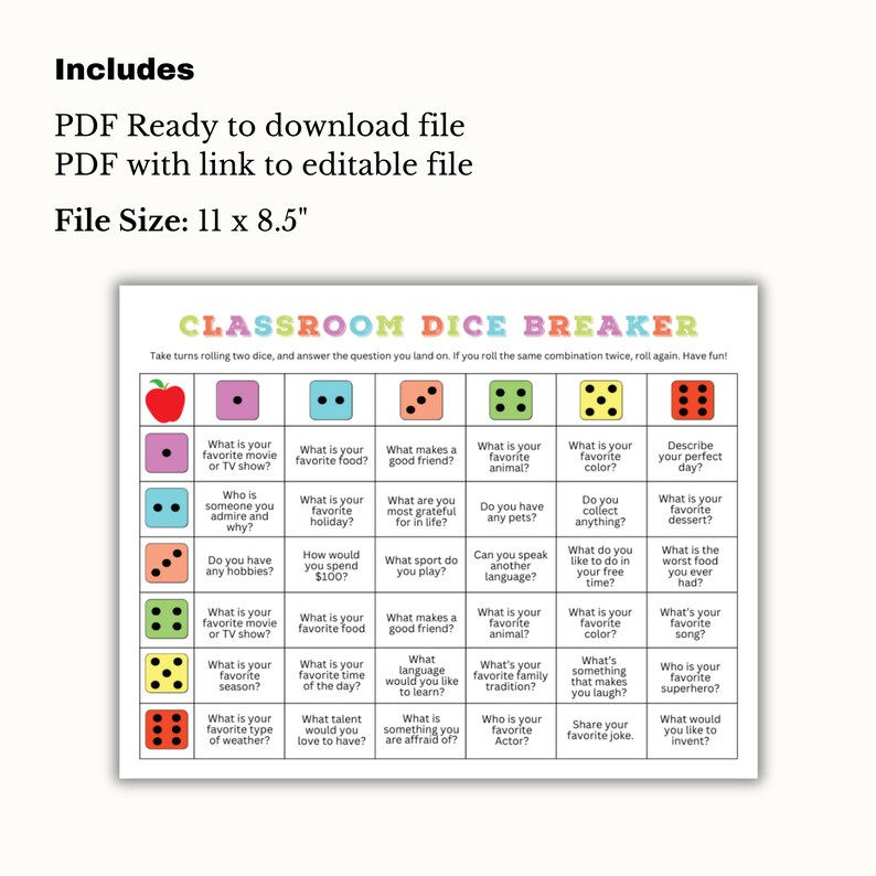 Classroom Dicebreaker Game Back to School Icebreaker Activity Game for ...