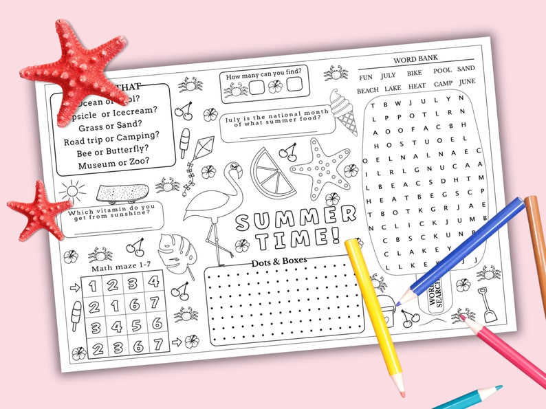 Summer Coloring and Activity Placemat - Printable Summer Activity Pages ...