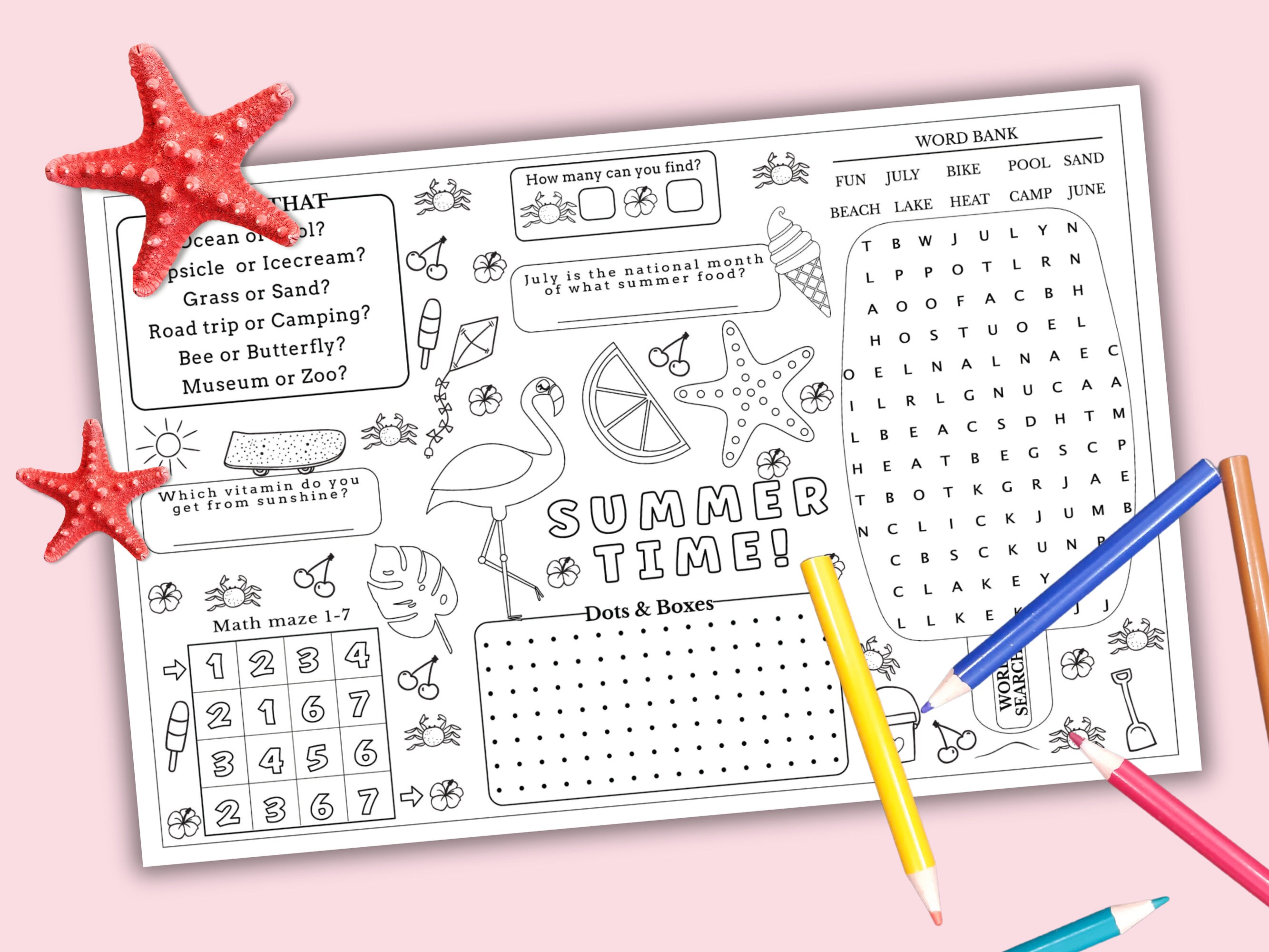 Summer Coloring and Activity Placemat - Printable Summer Activity Pages ...