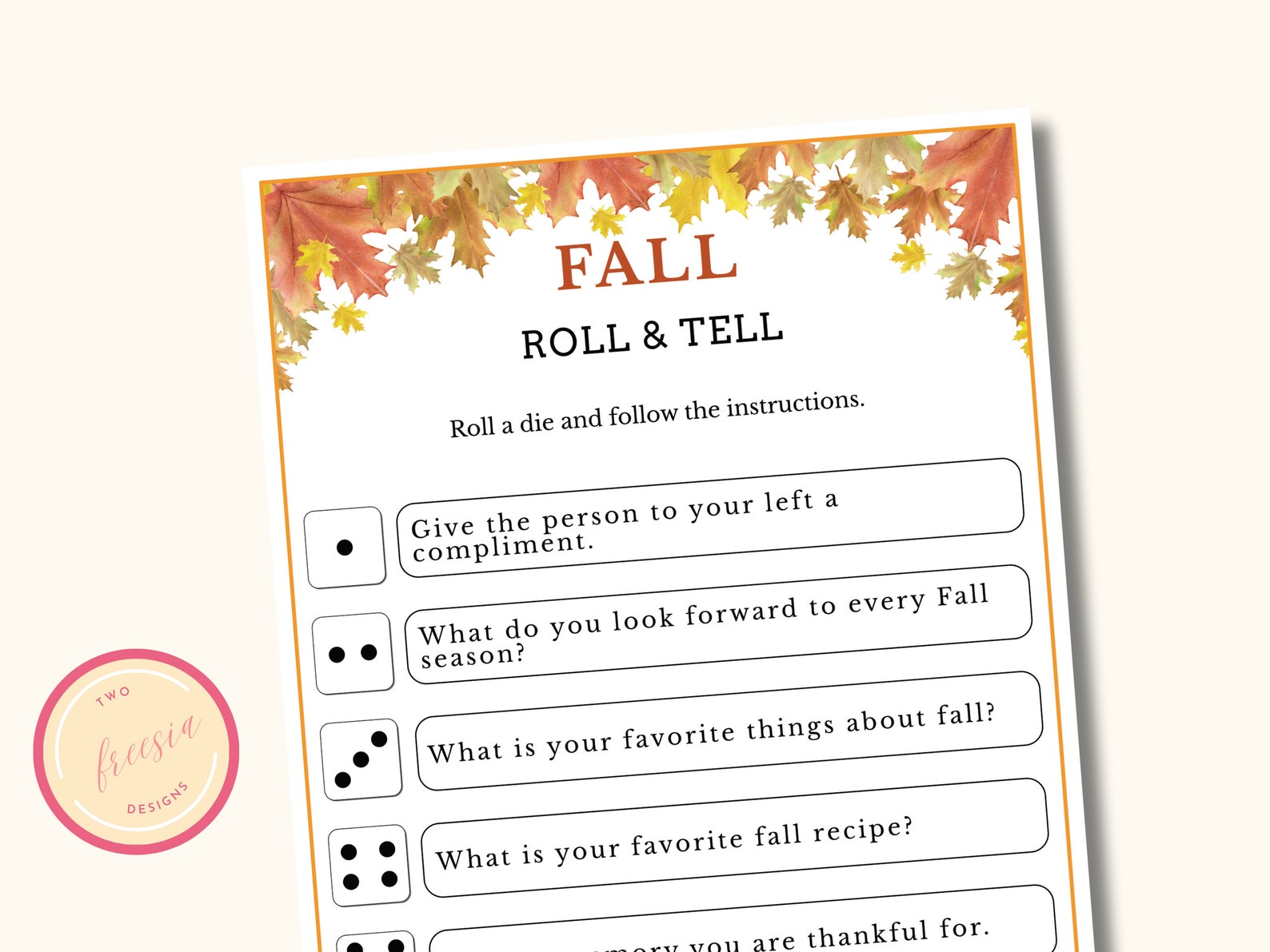 Fall Roll and Tell Dice Game - Printable Autumn Game - Fun Fall Time ...