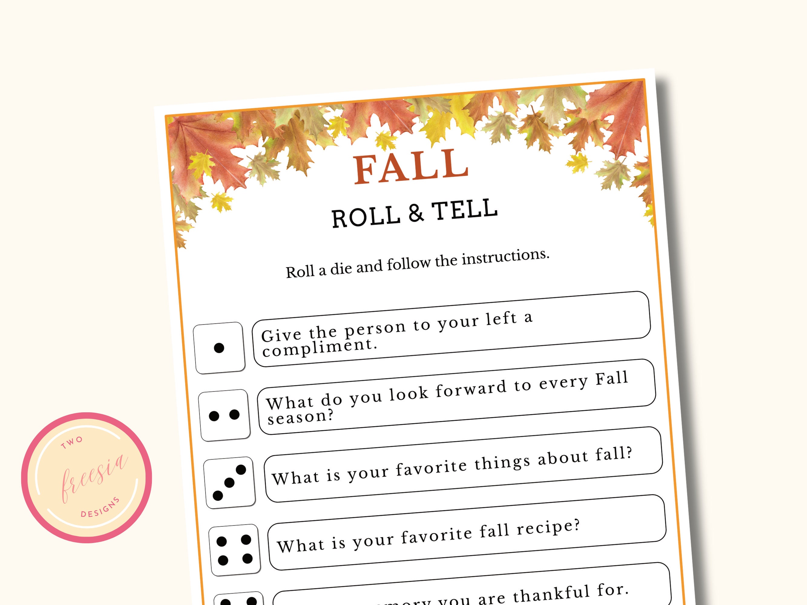 Fall Roll and Tell Dice Game Printable Autumn Game Fun Fall Time ...