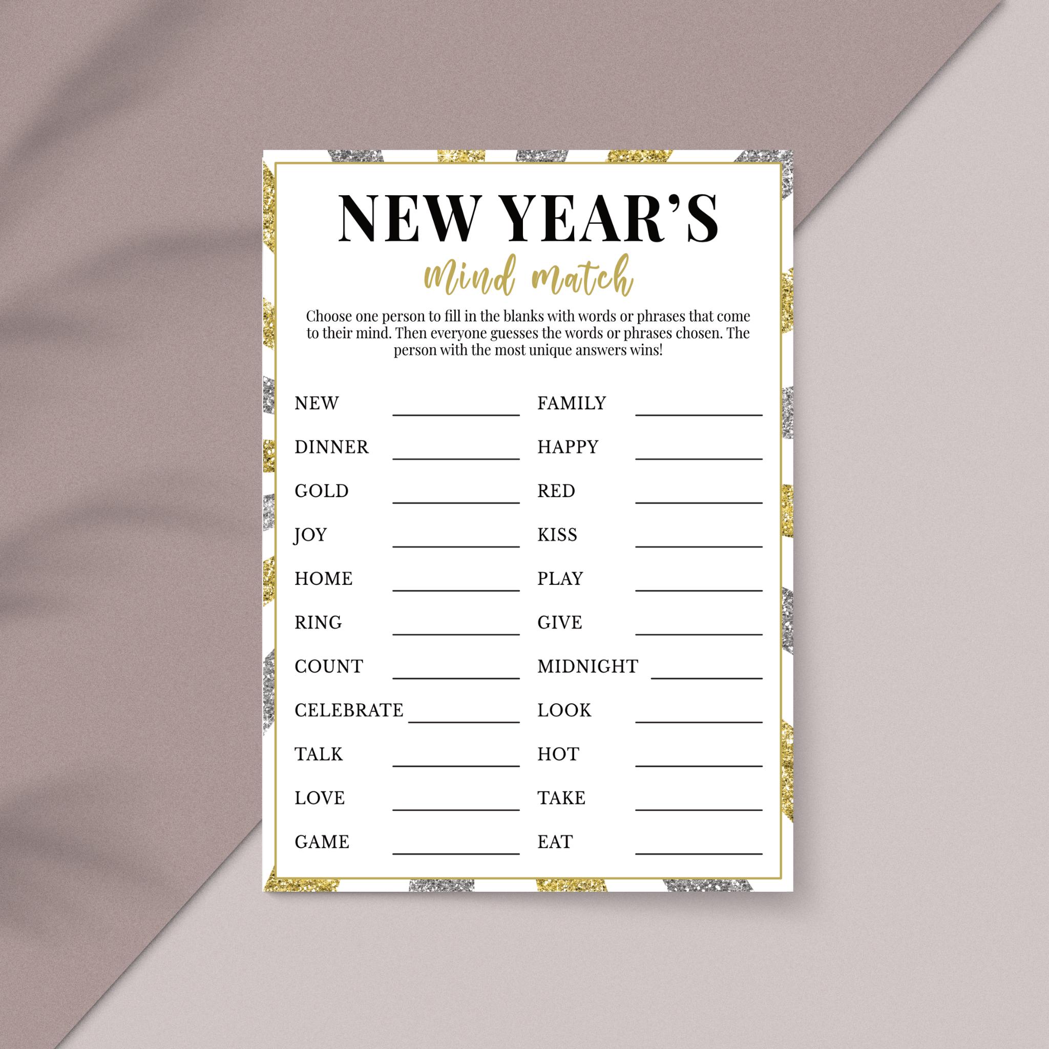 New Years Mind Match Game, Printable New Years Party Game for Kids and ...