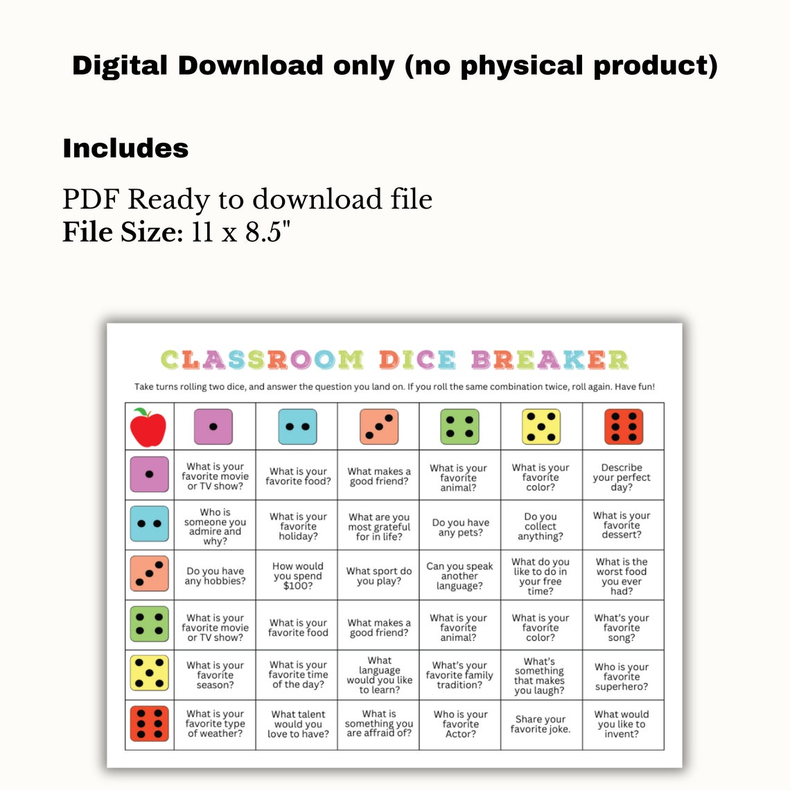 Classroom Icebreaker Activity - Back to School Dicebreaker - Roll ...