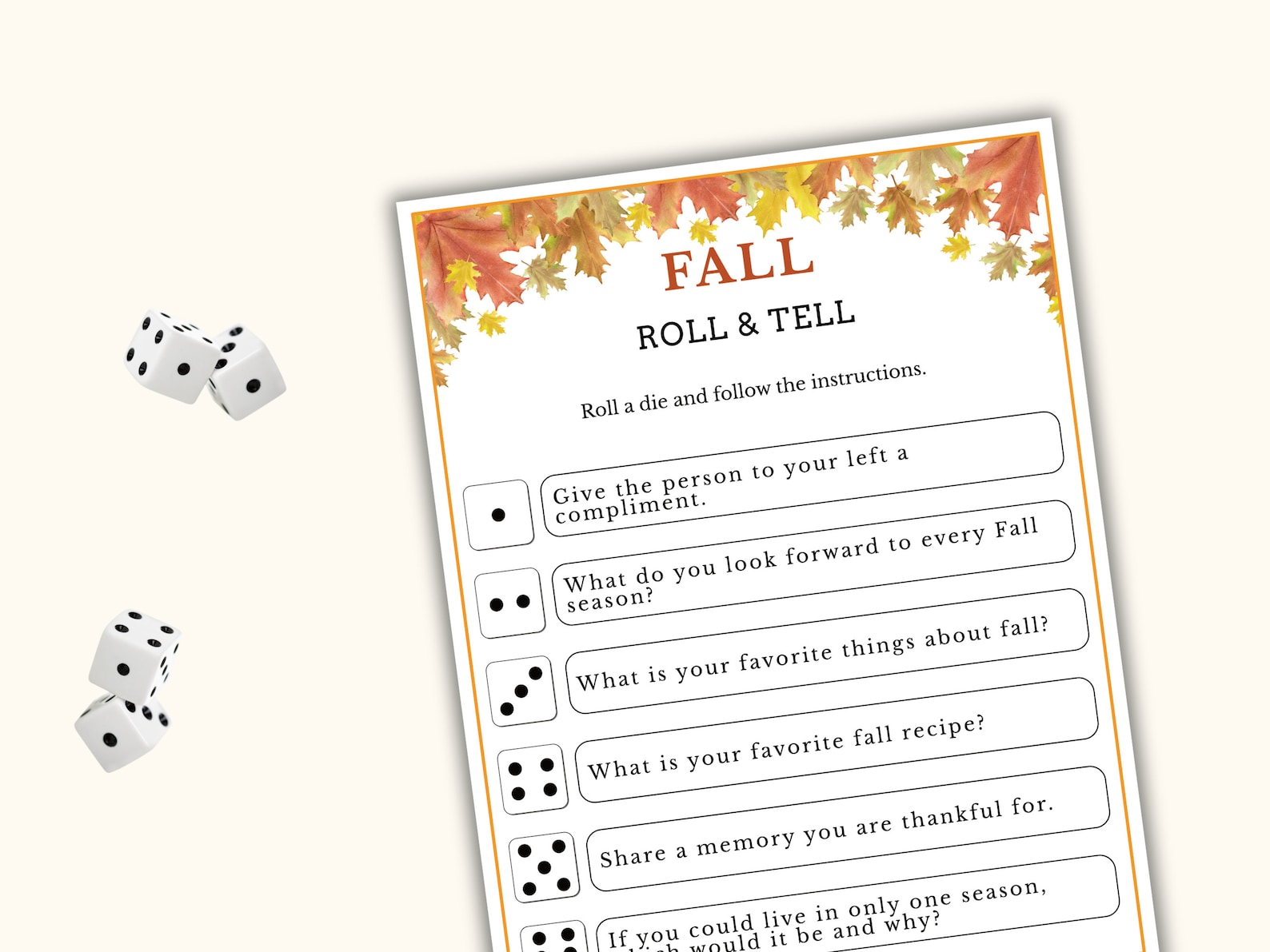 Fall Roll and Tell Dice Game - Printable Autumn Game - Fun Fall Time ...