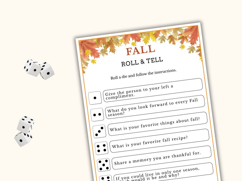 Fall Roll and Tell Dice Game - Printable Autumn Game - Fun Fall Time ...