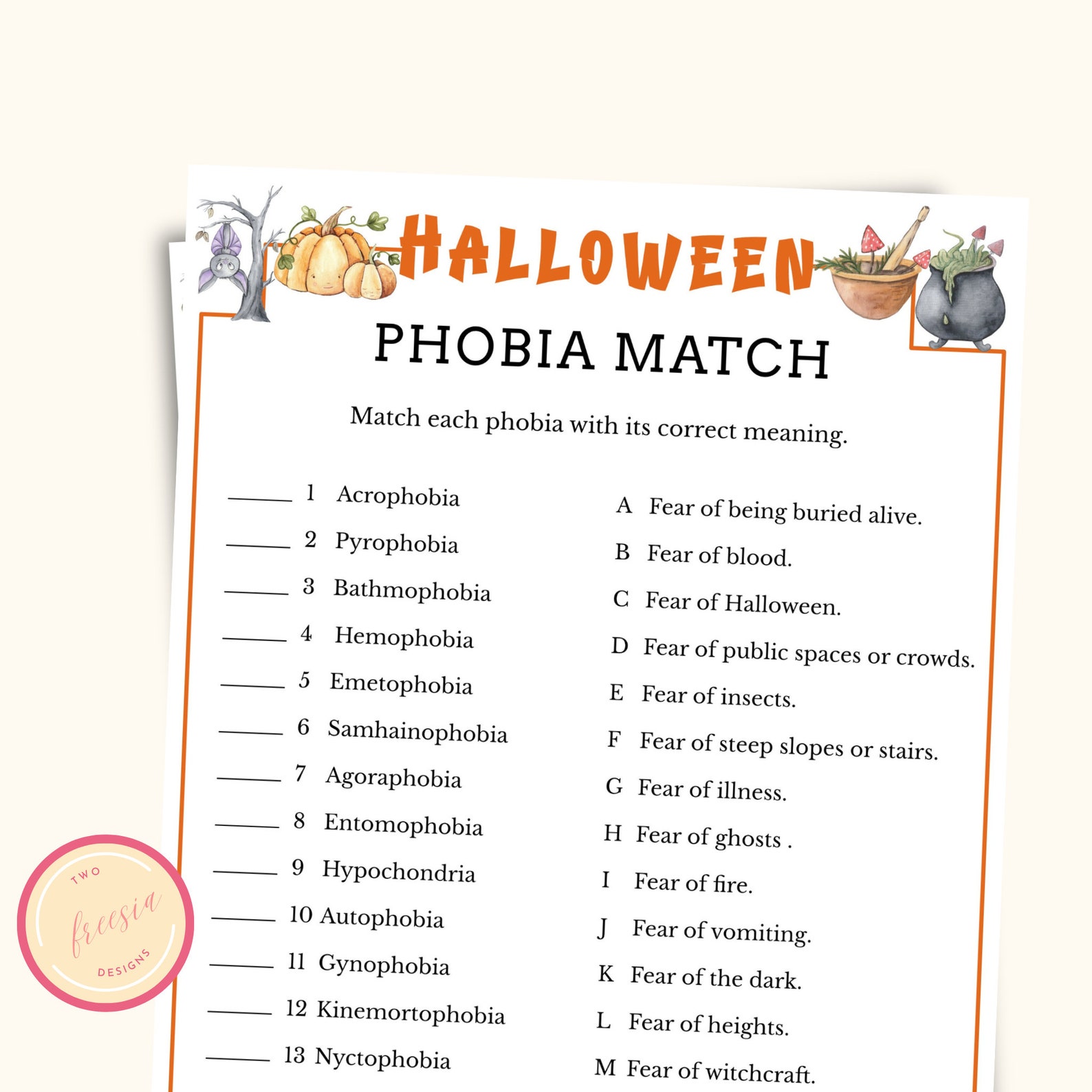 Phobia Match up Game - Printable Halloween Party Game for Teens ...