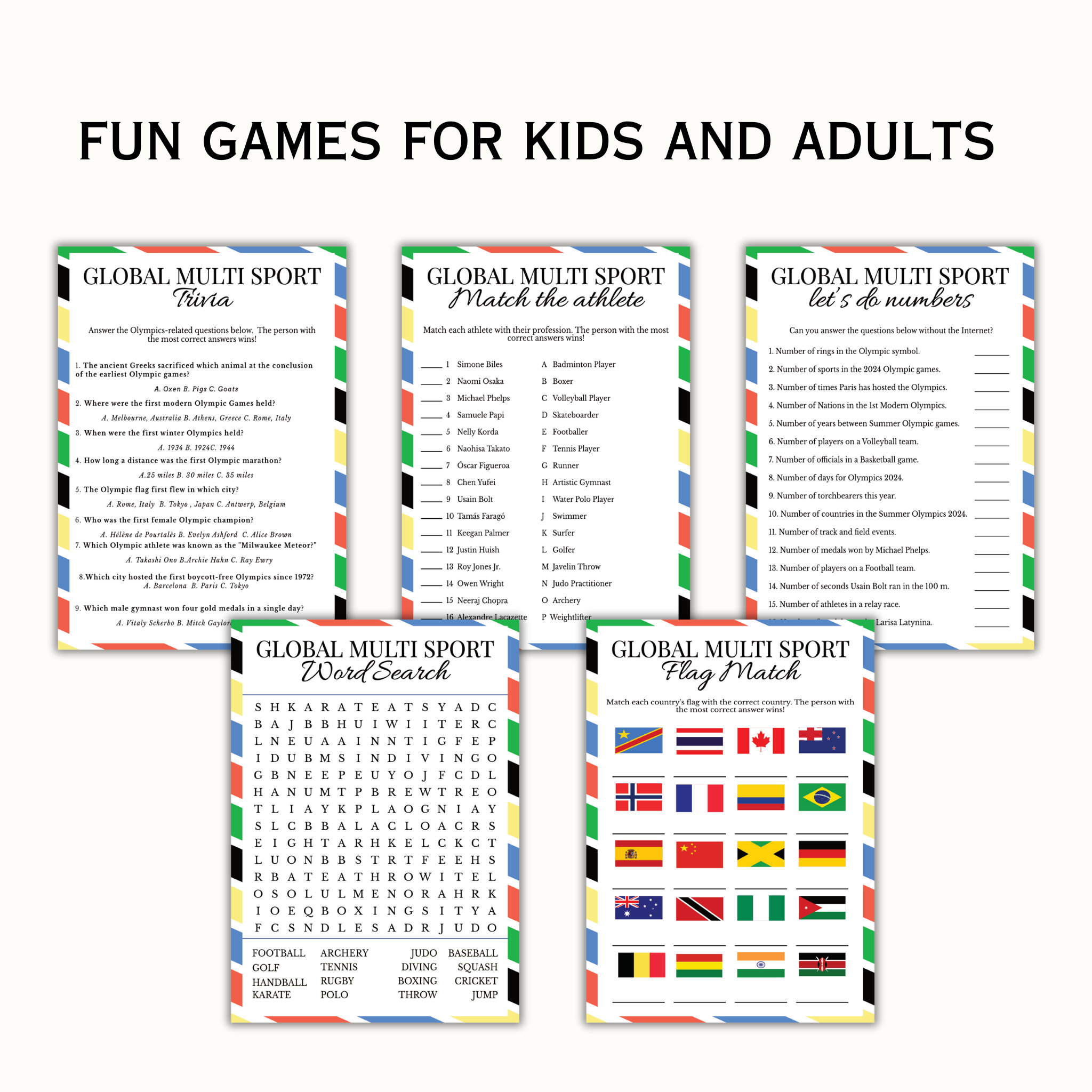 10 Summer Sports Printable Games - Global Games - USA Sports Themed ...