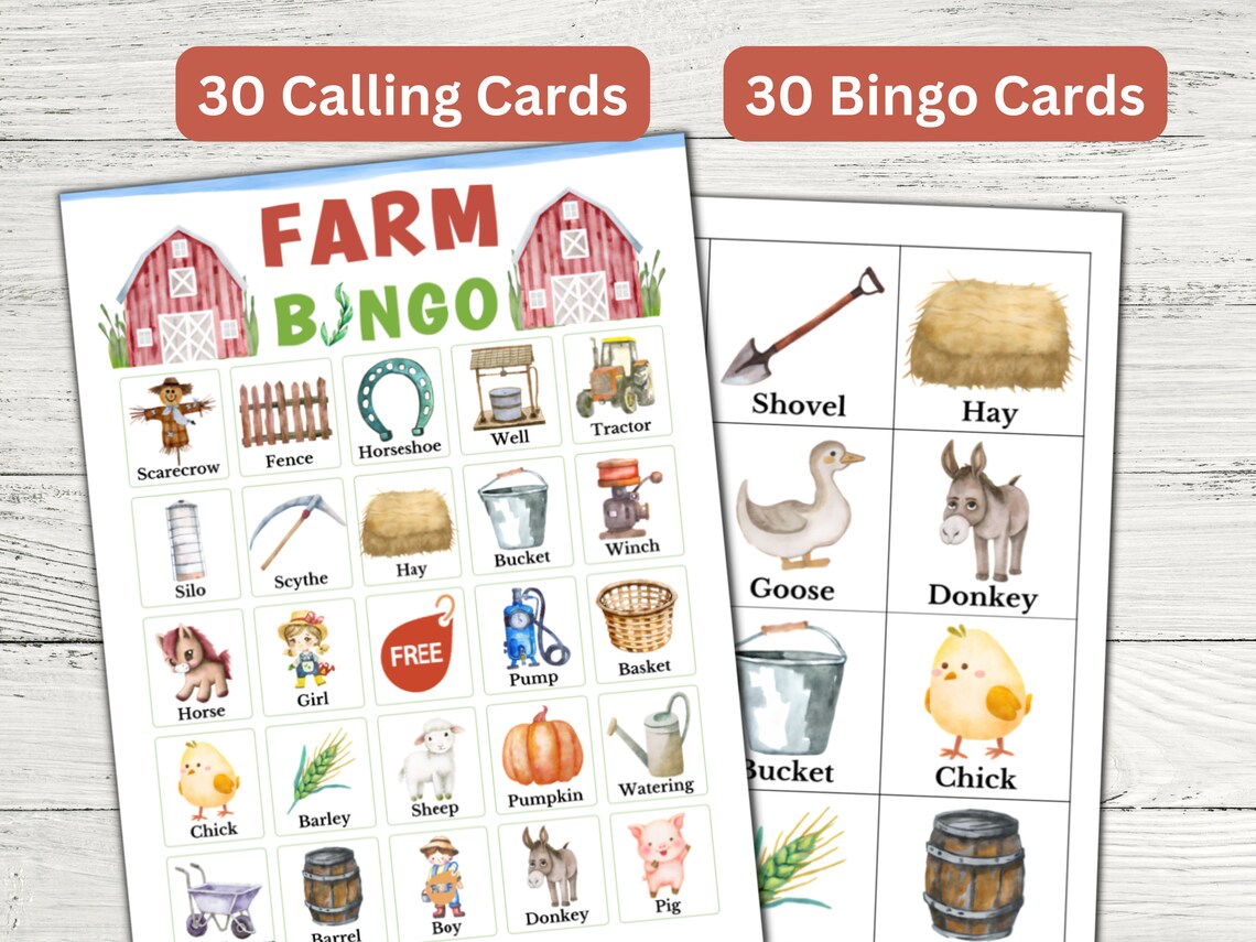Printable Farm Bingo Game Barnyard Birthday Party 30 Bingo Cards ...