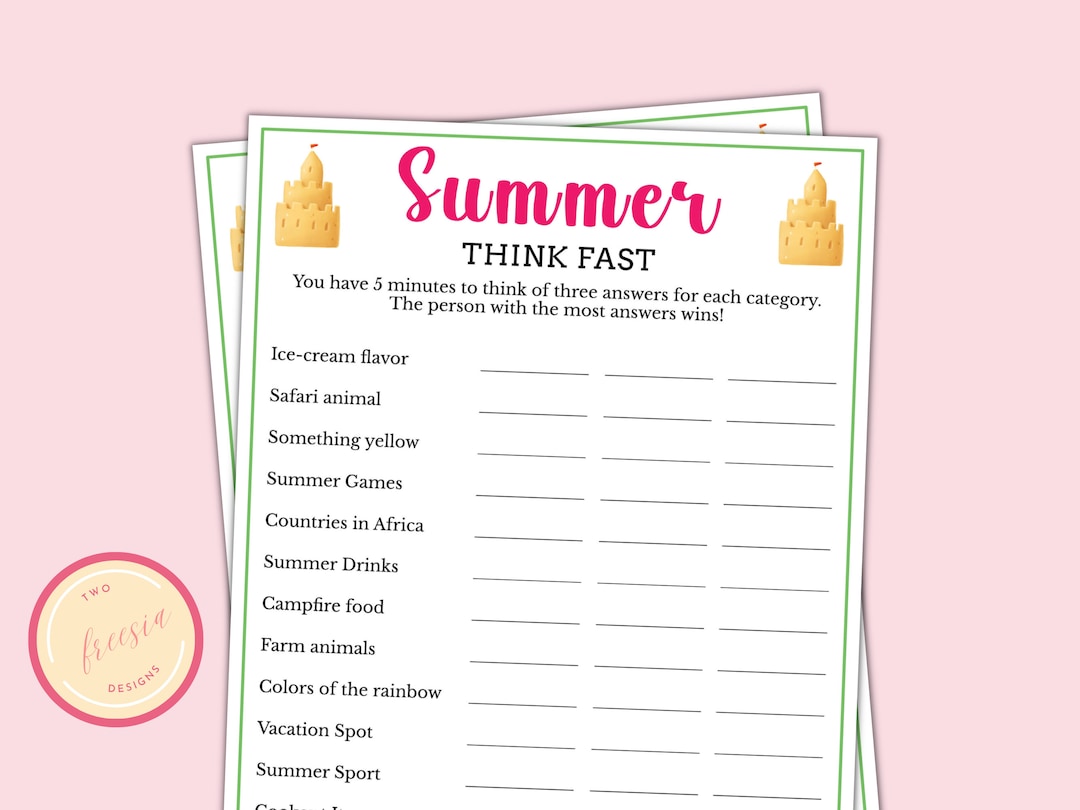 Summer Think Fast Game - Printable Summer Game and Activity for Kids ...