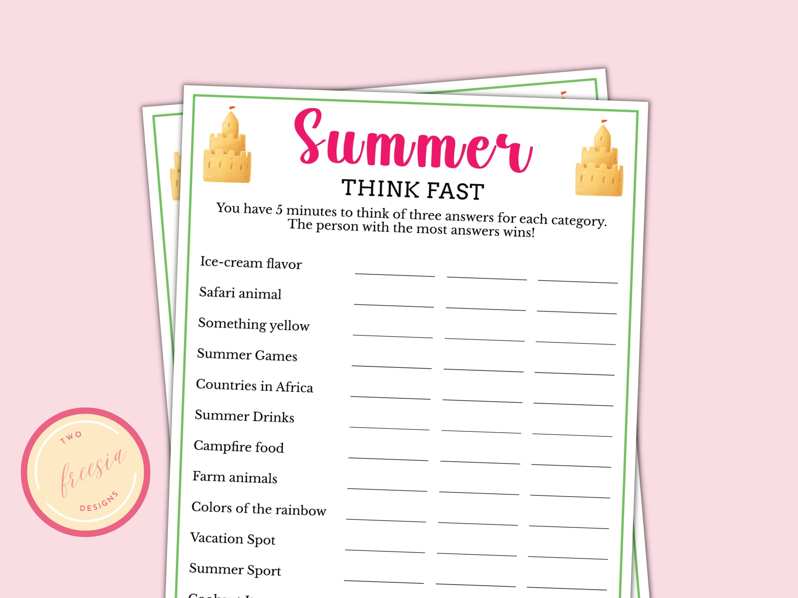 Summer Think Fast Game - Printable Summer Game and Activity for Kids ...