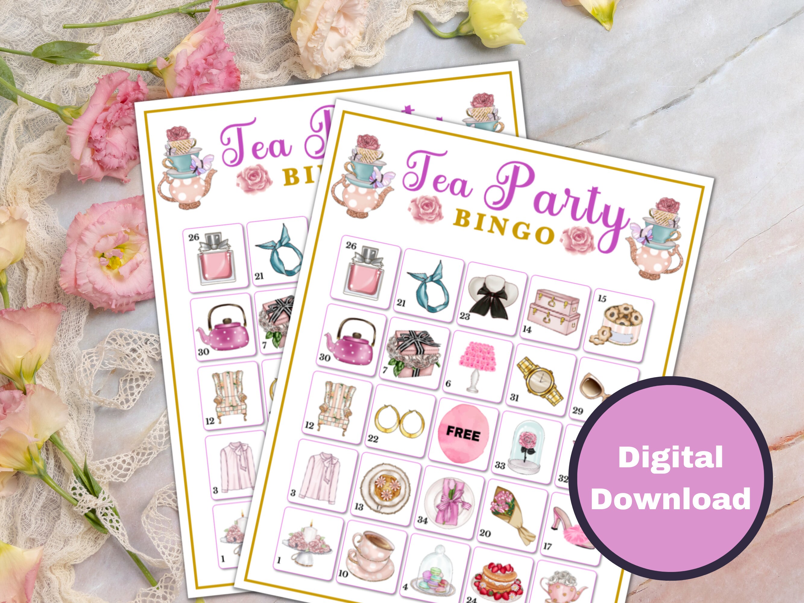Printable Tea Party Bingo Cards 20 Unique Bingo Cards for Girls Party ...