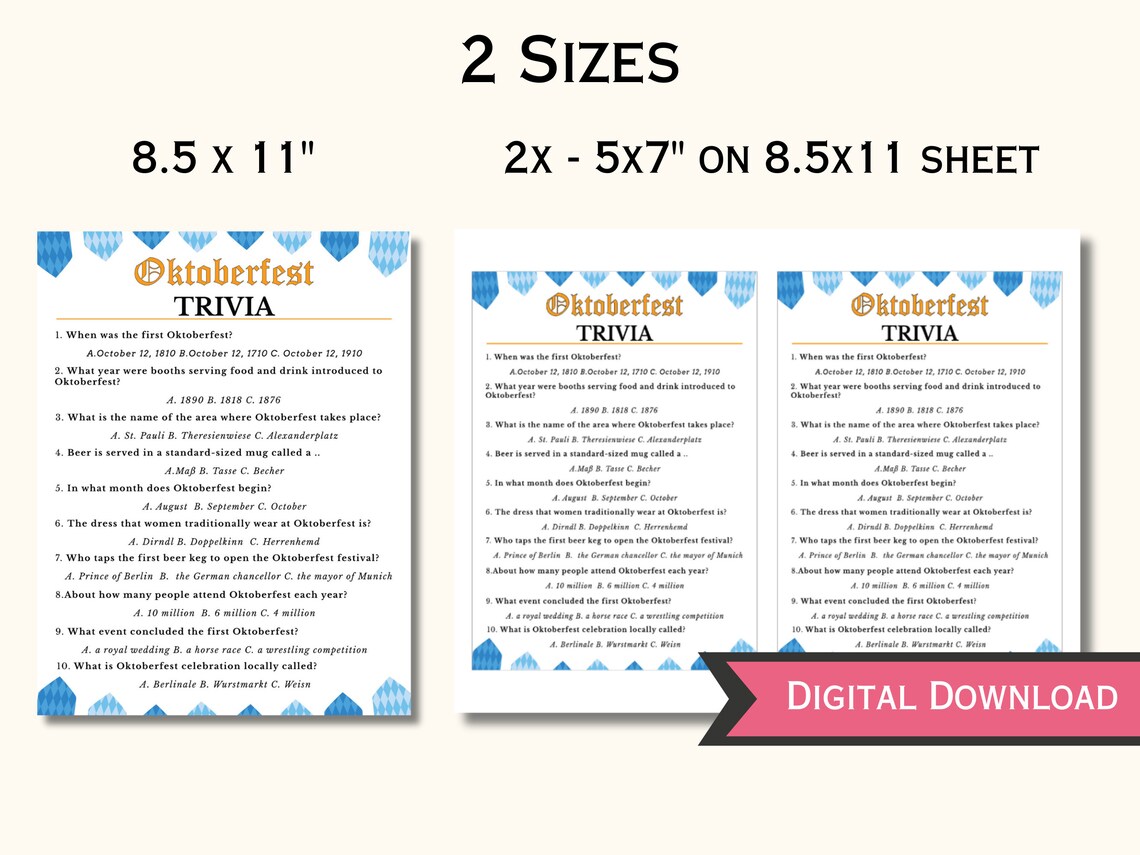 Oktoberfest Trivia Game - Printable Oktoberfest Game - Adult ...