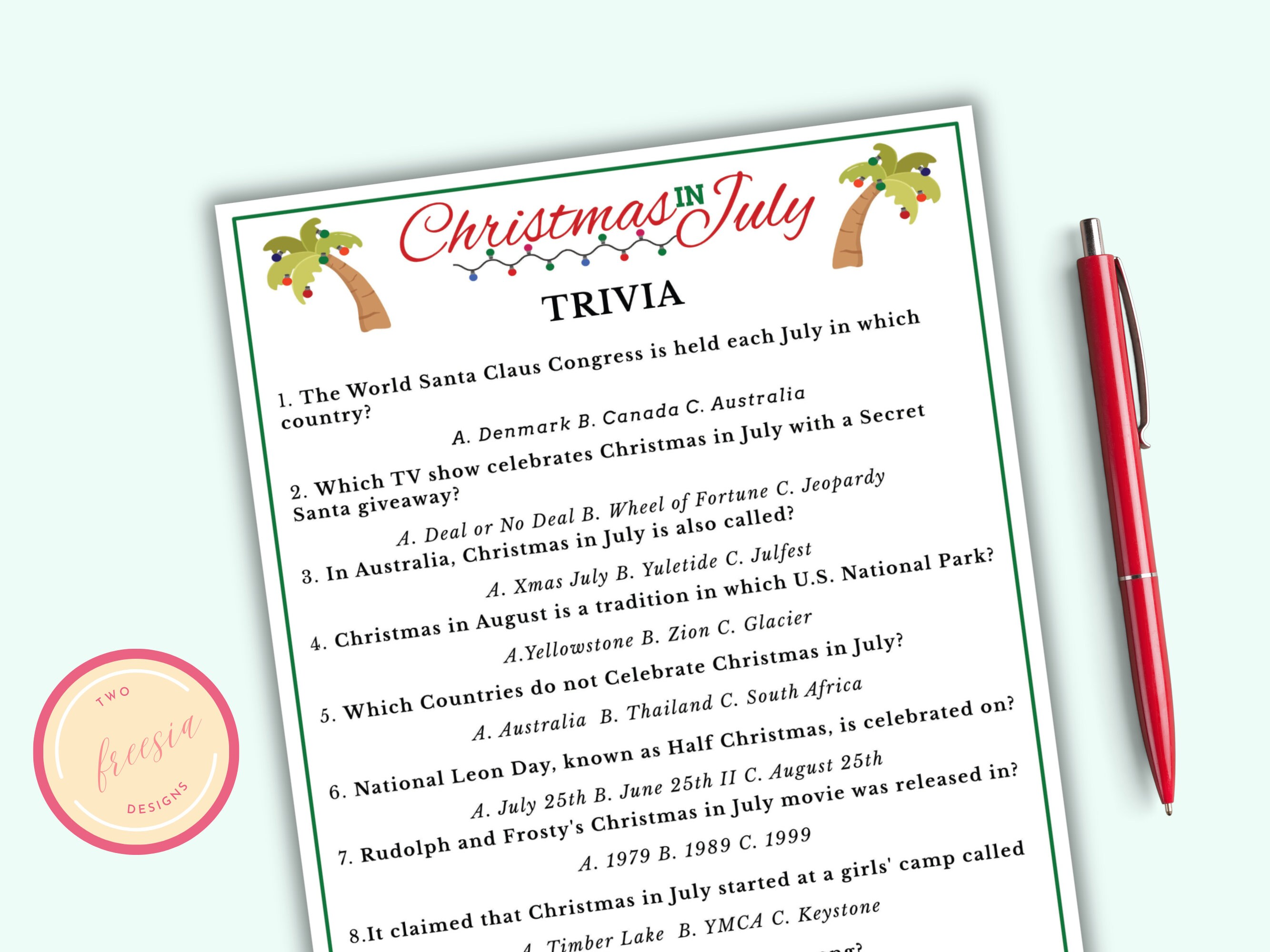 Christmas in July Trivia Game - Printable Christmas in July Game for ...