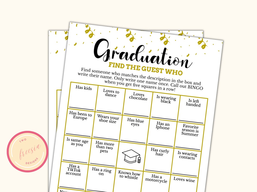 Graduation Find the Guest Bingo Game - Printable Find Someone Who Grad ...