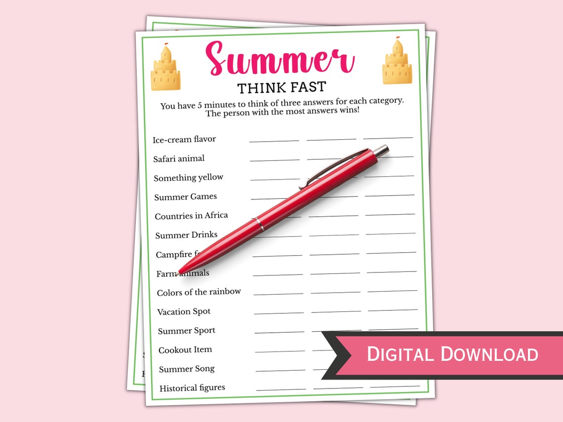 Summer Think Fast Game - Printable Summer Game and Activity for Kids ...