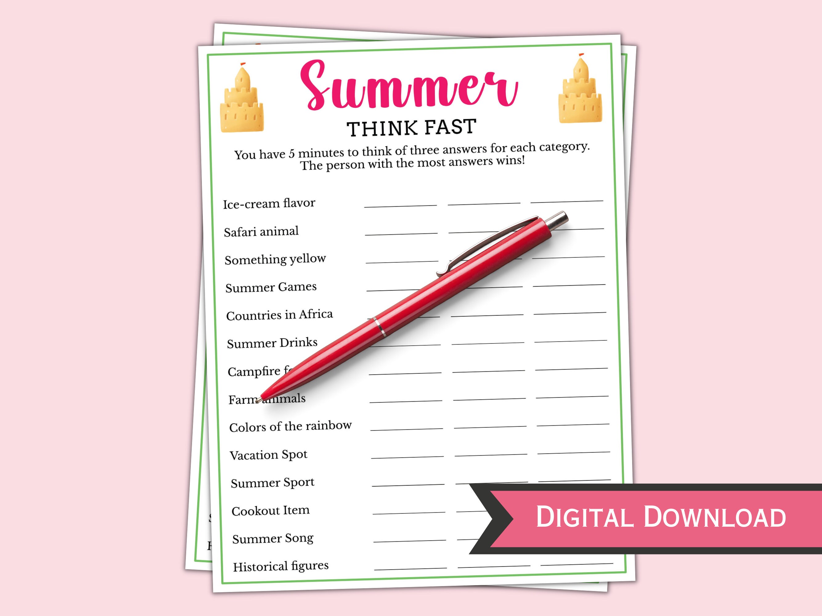 Summer Think Fast Game - Printable Summer Game and Activity for Kids ...
