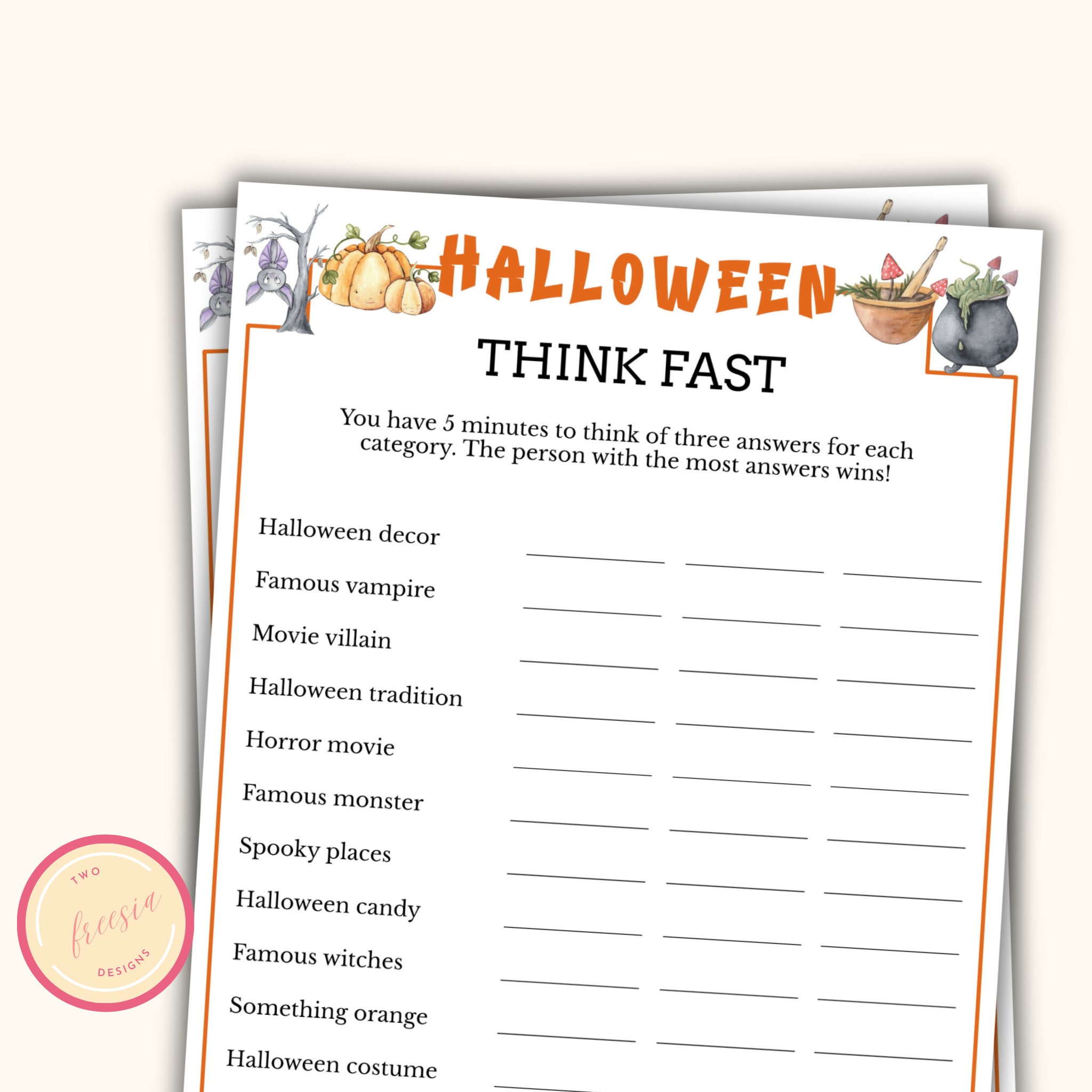 Halloween Think Fast Game Printable Halloween Party Game - Etsy