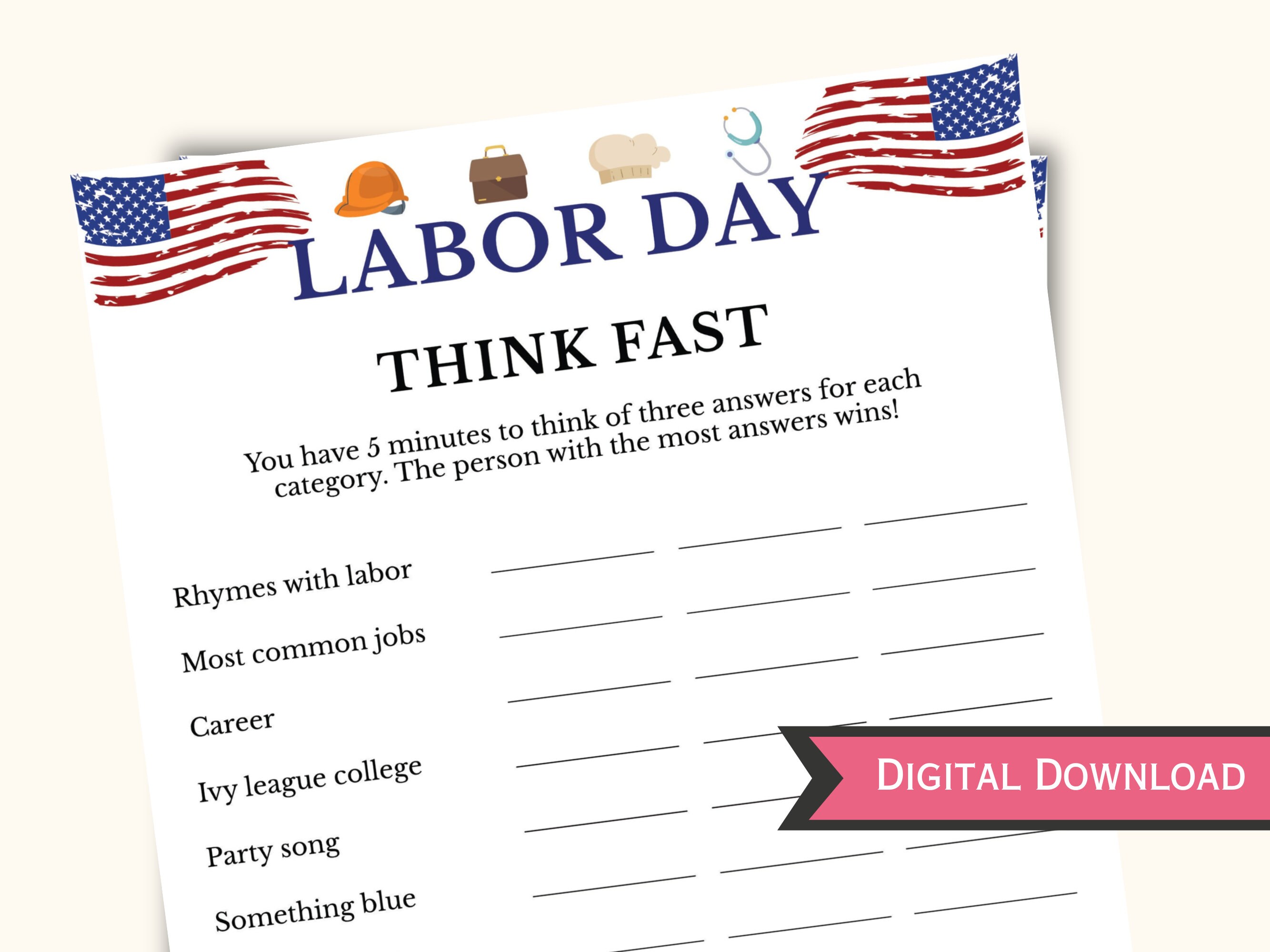 Think Fast Game - Printable Labor Day Party Game and Activity ...