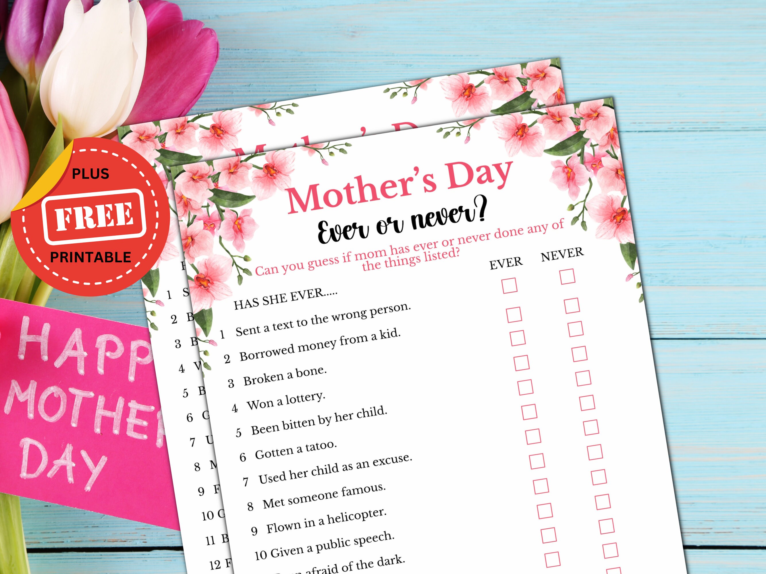 Printable Mother's Day Party Game - Ever or Never Game - Family Game ...