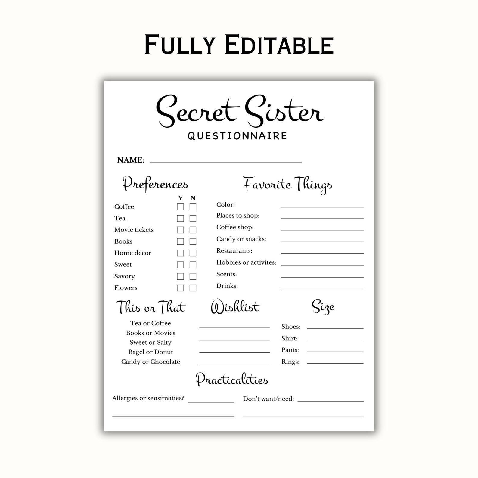 Editable Secret Sister Questionnaire - All About Me Survey - Gift ...
