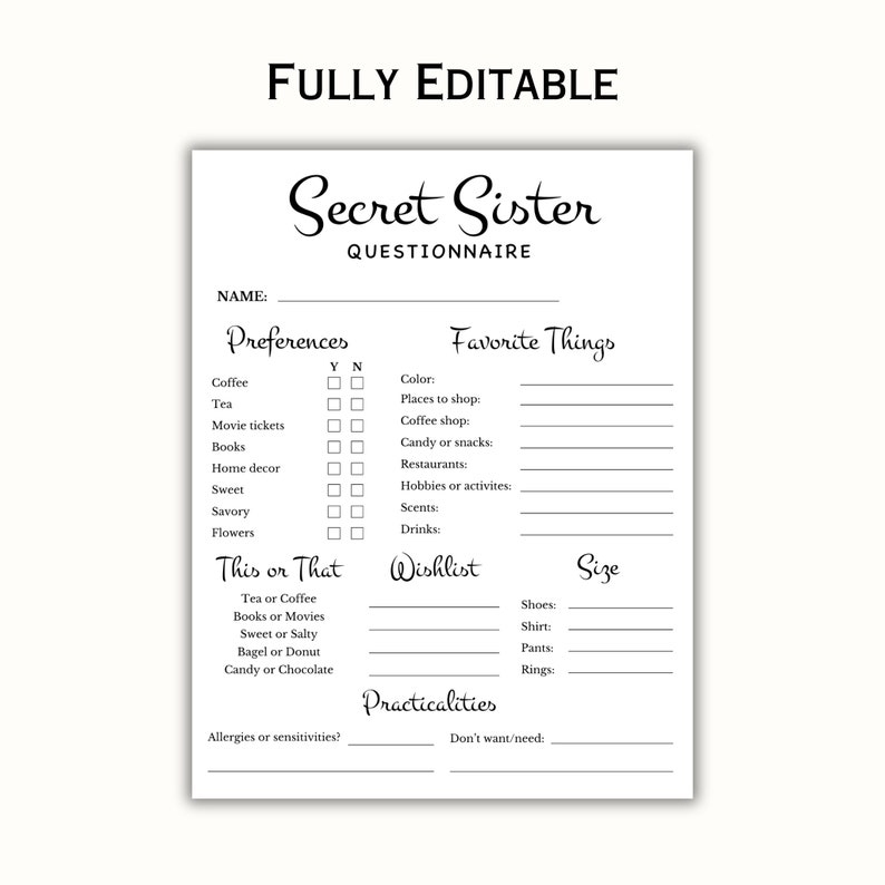 Editable Secret Sister Questionnaire - All About Me Survey - Gift ...