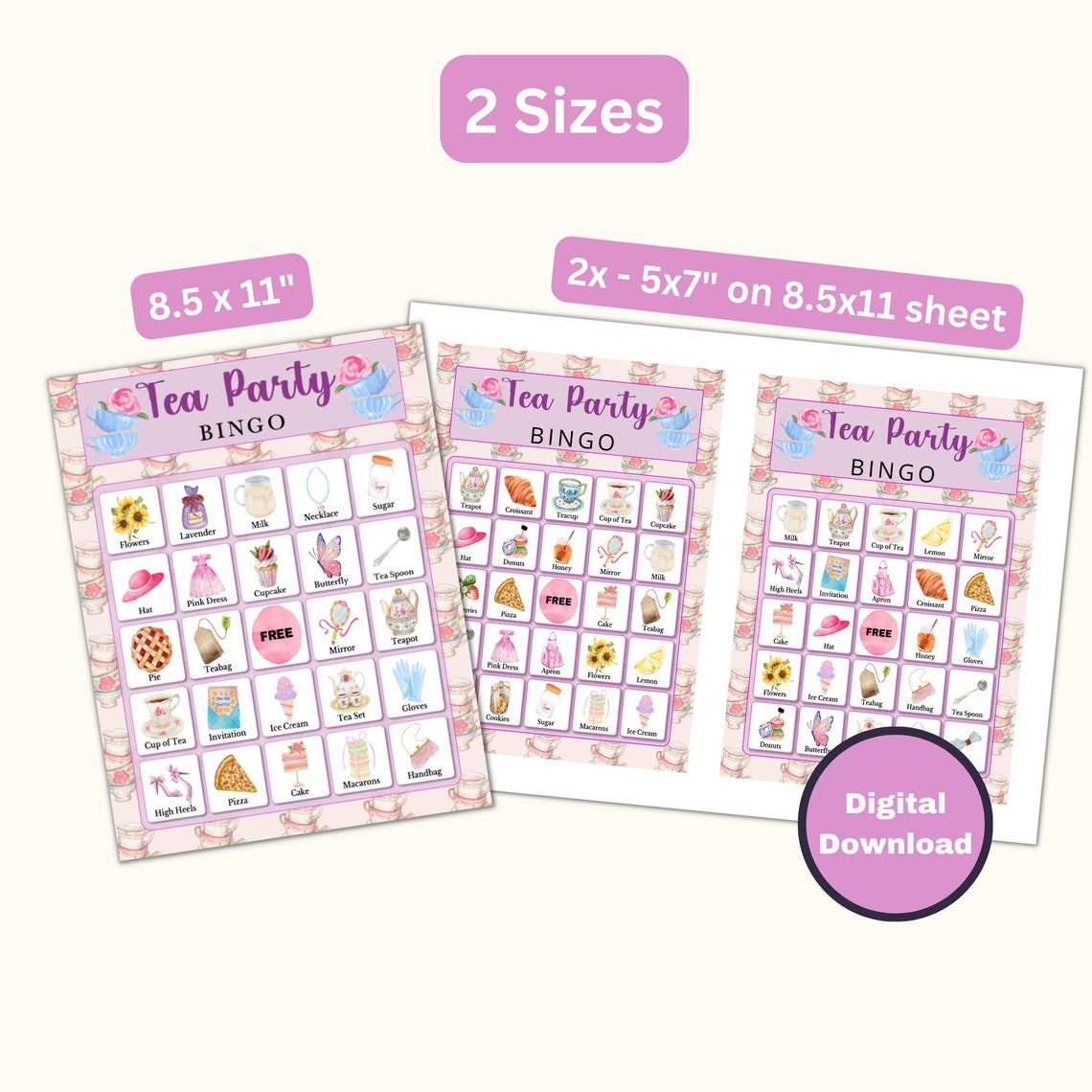 Printable Tea Party Bingo Cards 20 Unique Bingo Cards, Girls Birthday ...