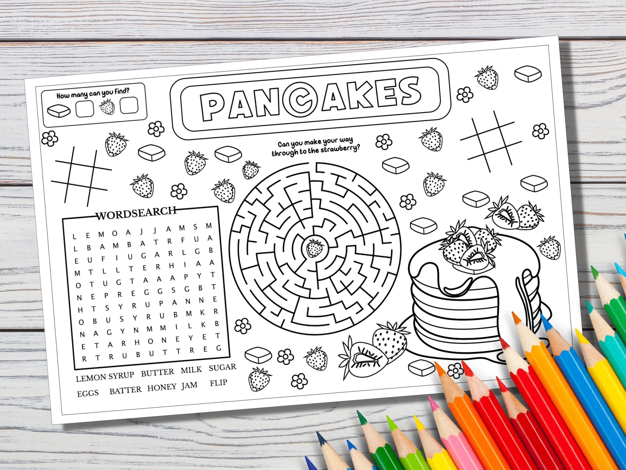 Pancakes Activity and Coloring Placemat - Party Games Sheet for Kids ...