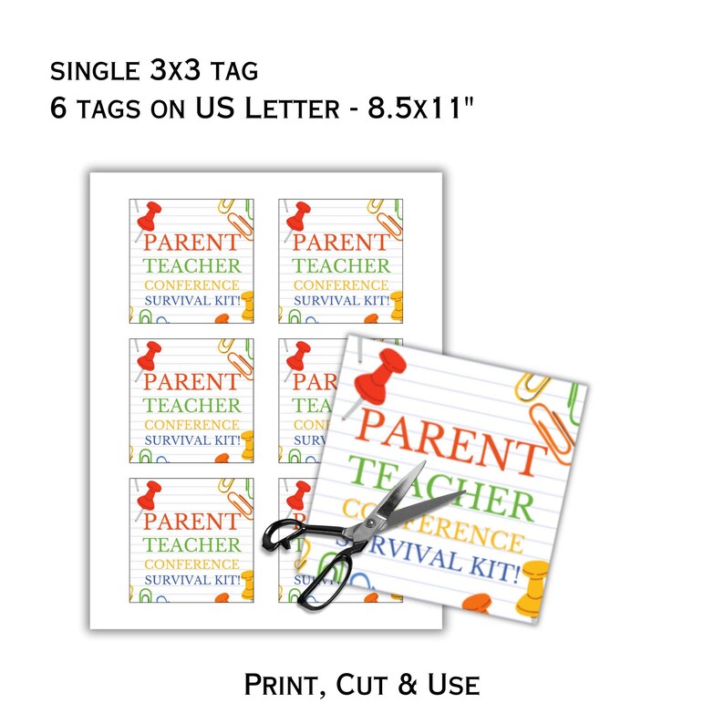Parent Teacher Conference Survival Kit 3x3 Gift Tag Printable School ...