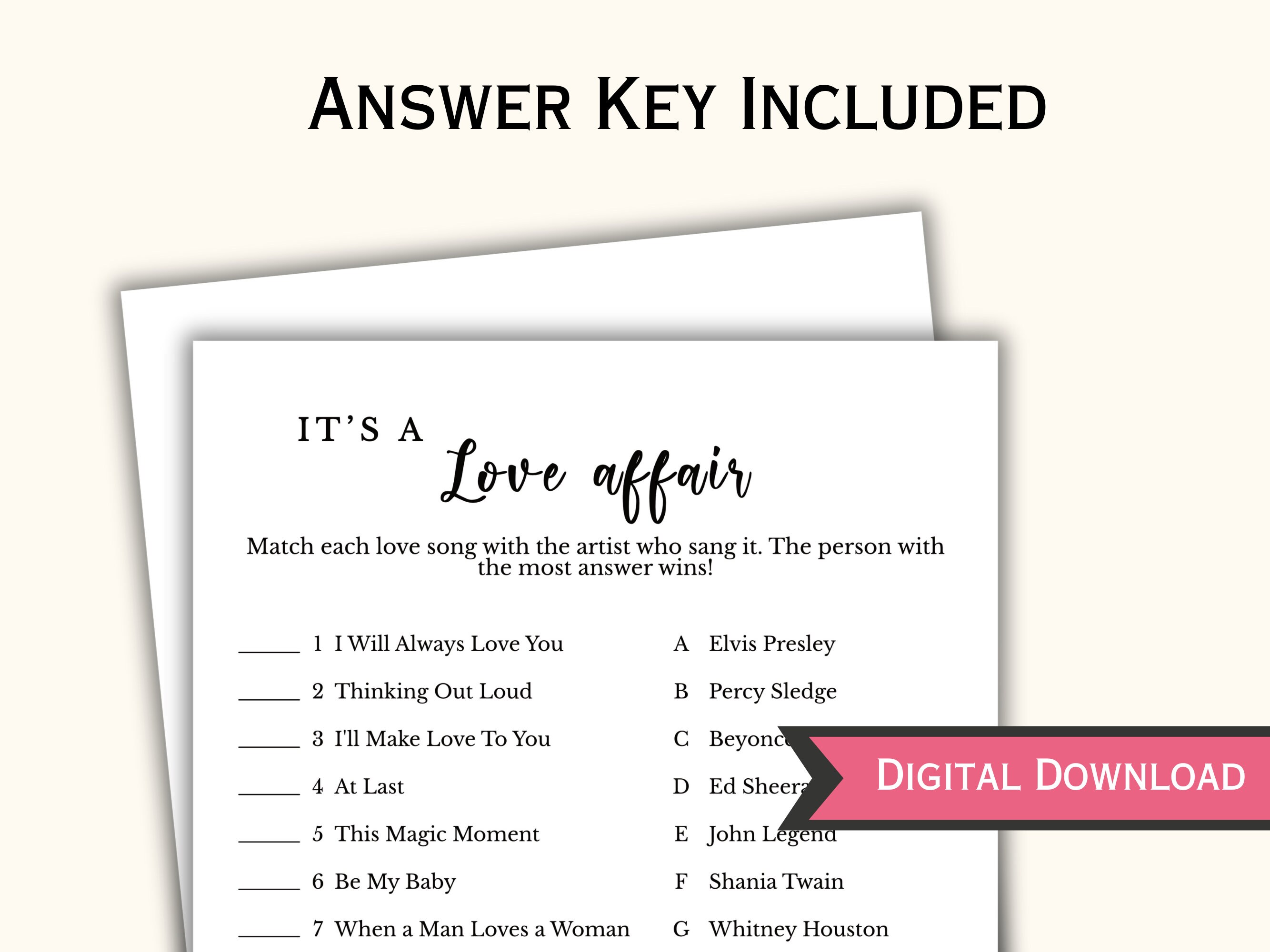 Love Song Trivia Game - Printable Couples Bridal Party Games - Joint ...