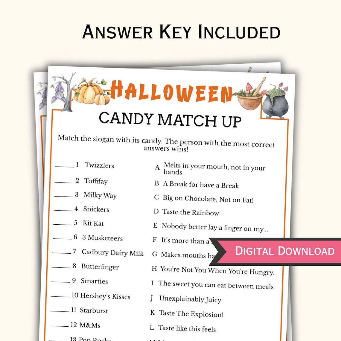 Candy Match up Game - Printable Halloween Party Game for Teens and ...