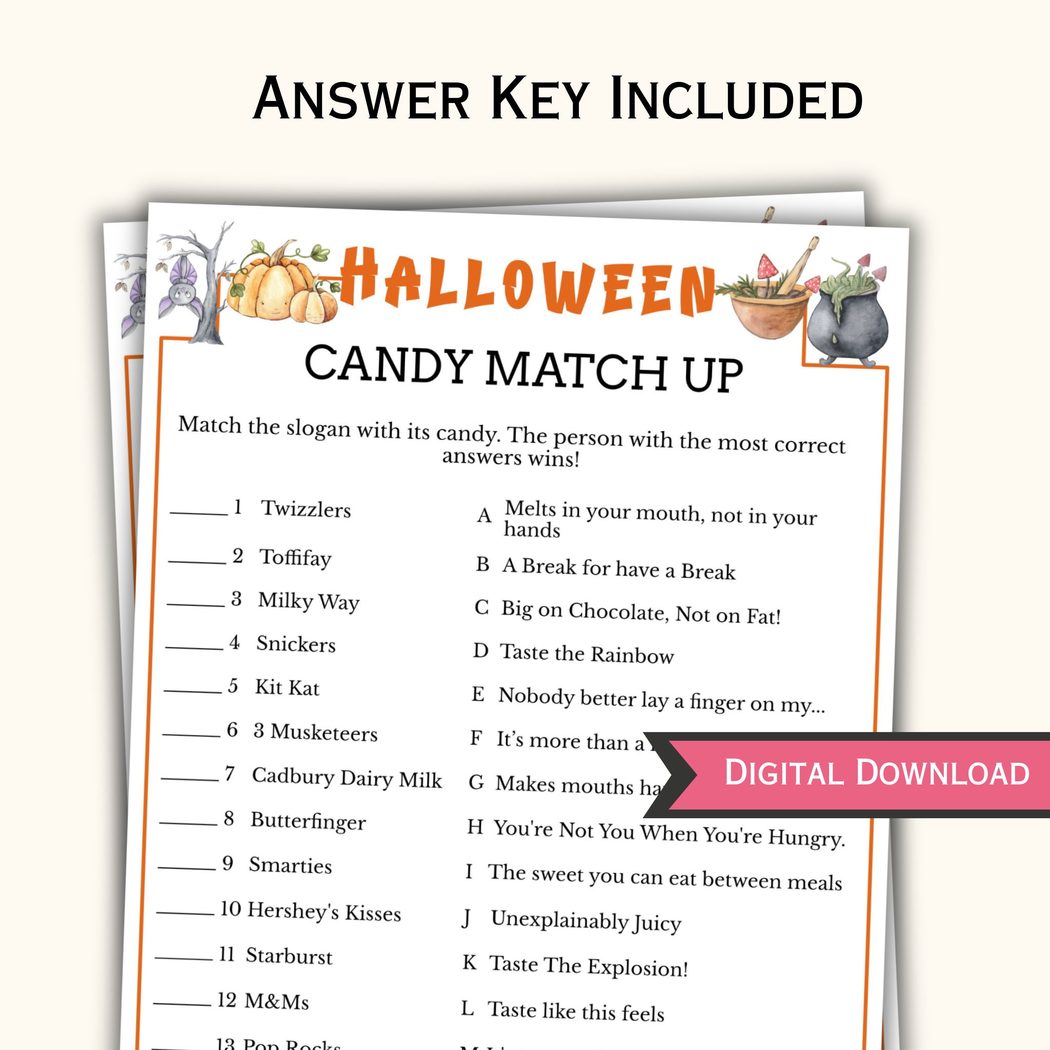Candy Match up Game - Printable Halloween Party Game for Teens and ...