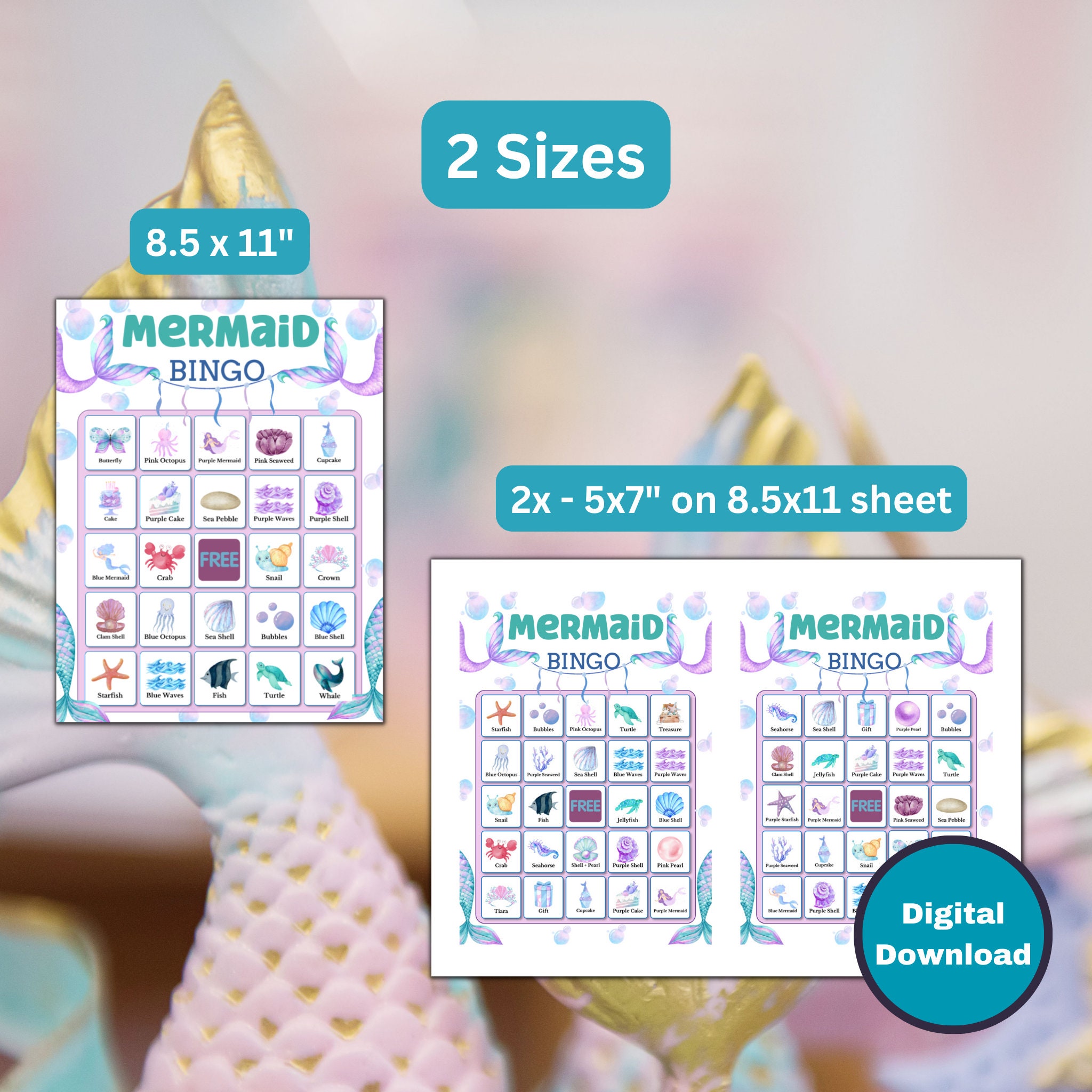 Mermaid Bingo Printable Game for Birthday Parties, Activities - Under ...