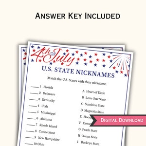 State Nicknames Match Game - Printable Fourth of July Game ...