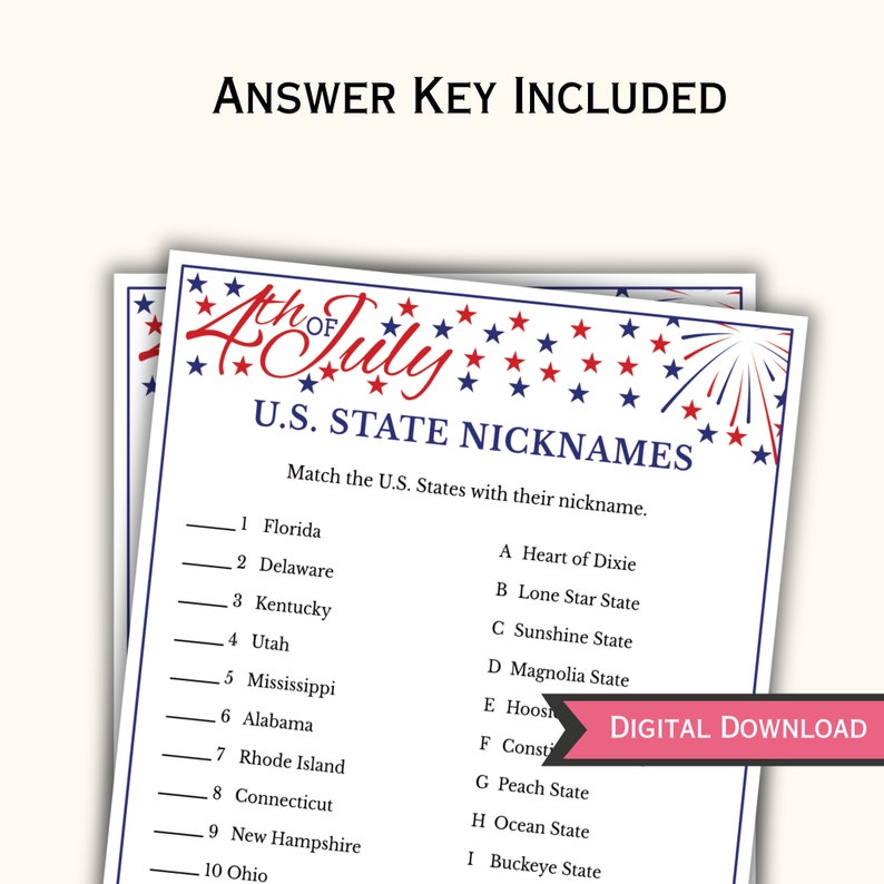 State Nicknames Match Game Printable Fourth of July Game Independence ...