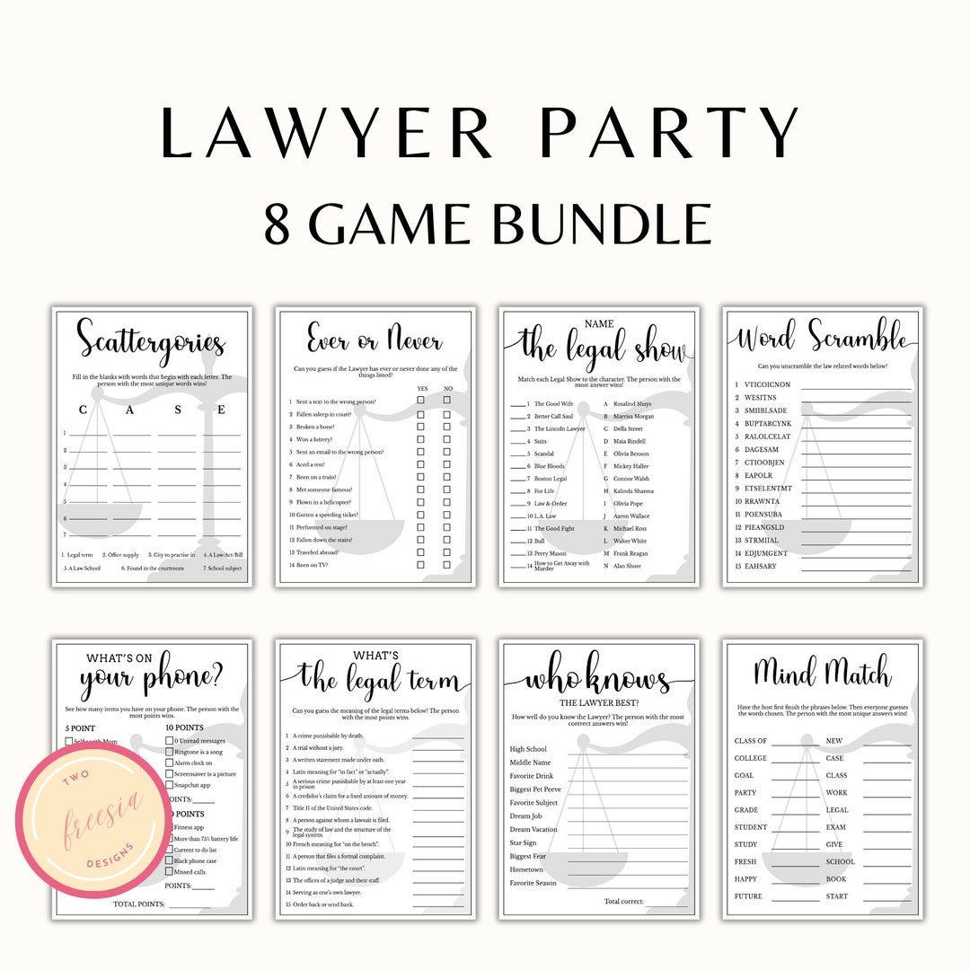 Law School Graduation 8 Game Bundle - Lawyer Retirement Party Games ...