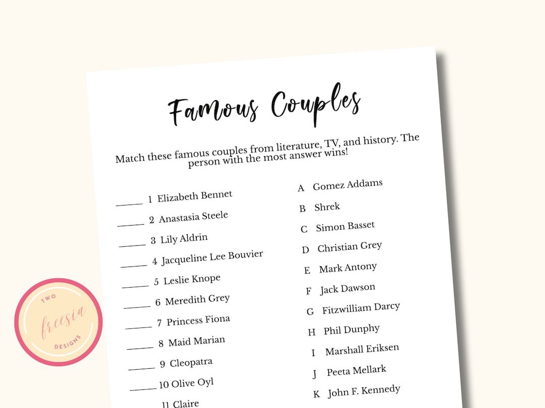 Famous Couple Match Bridal Shower Game - Printable Couples Bridal Party ...