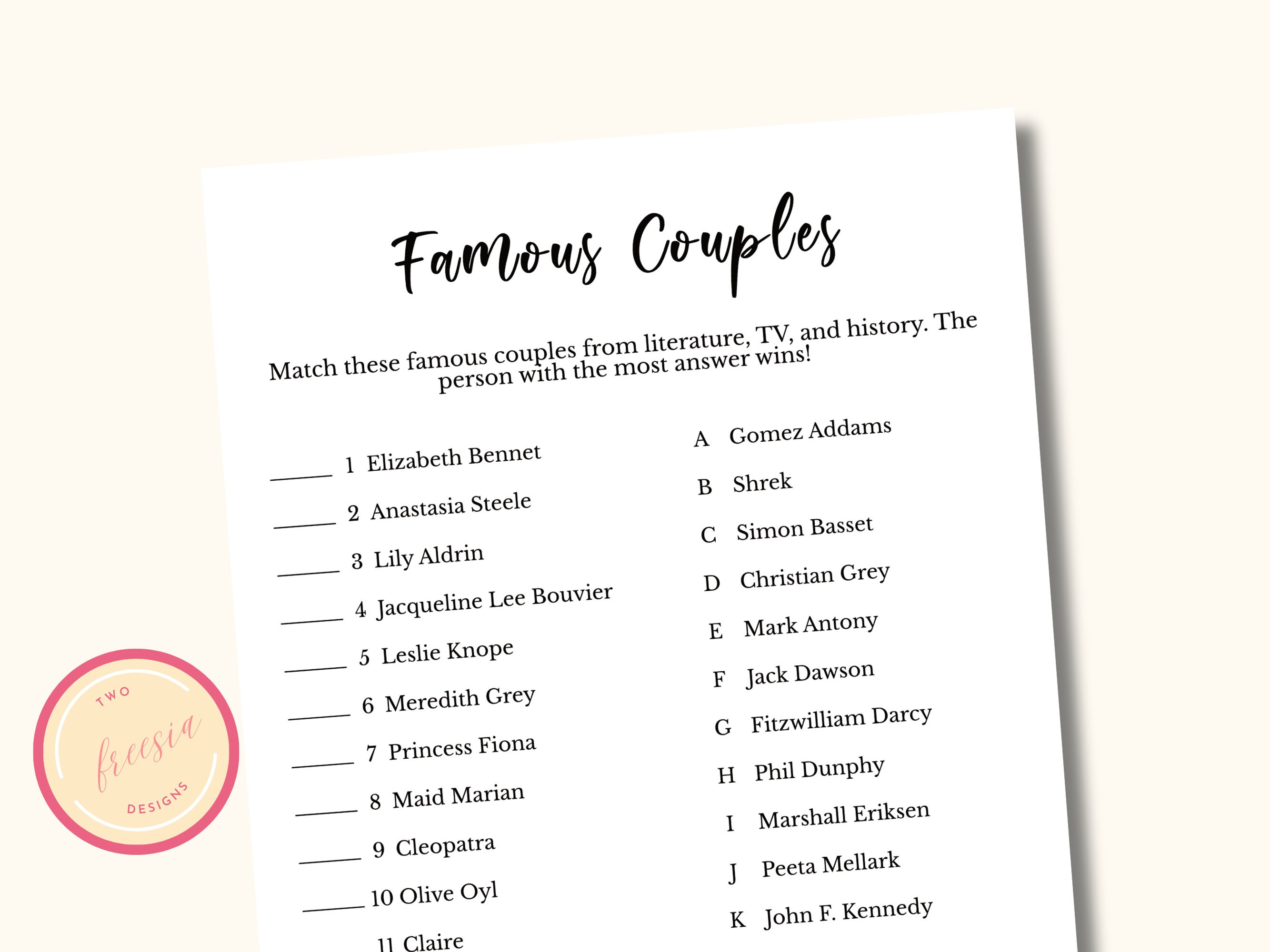 Famous Couple Match Bridal Shower Game - Printable Couples Bridal Party ...