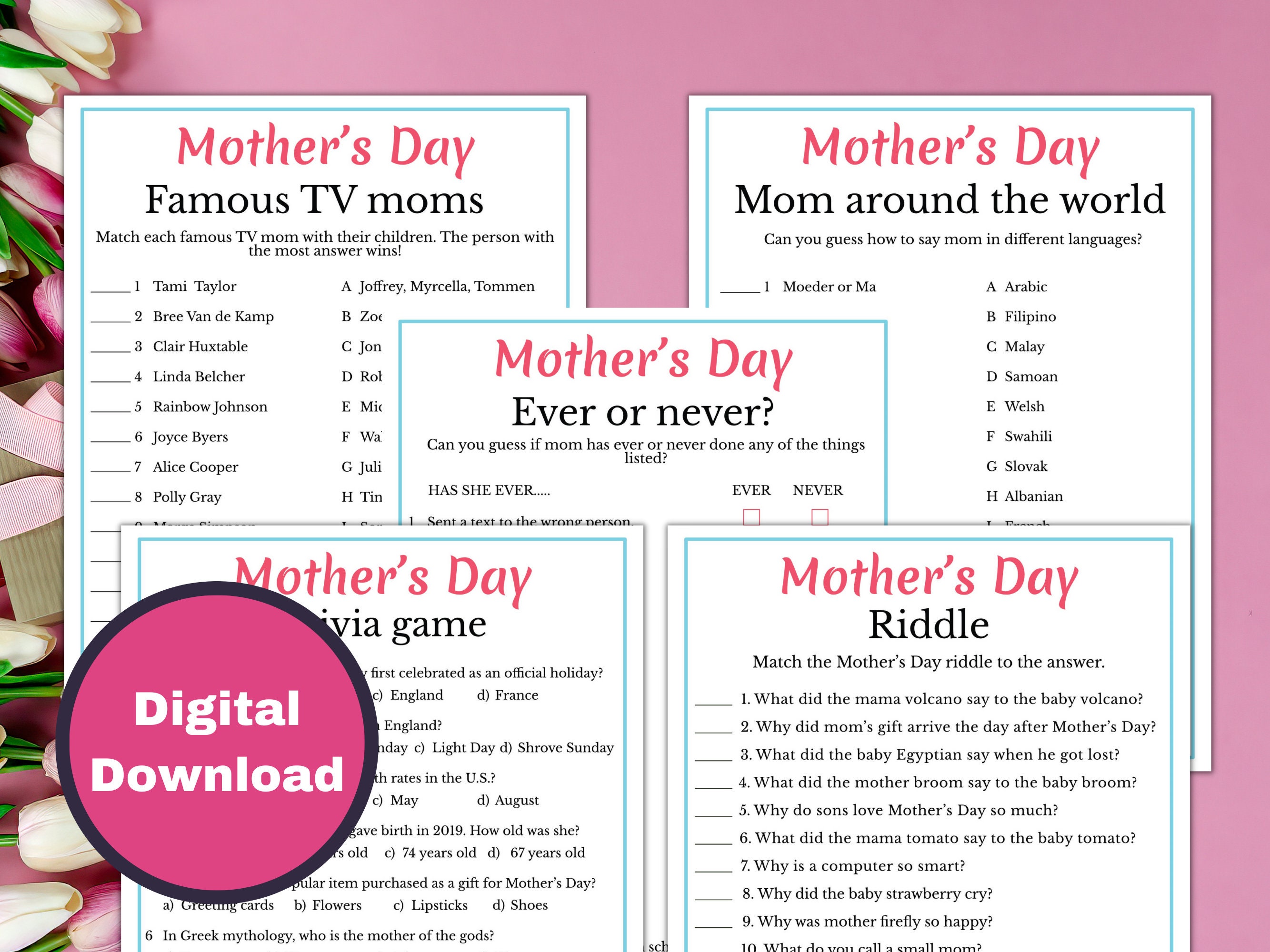 Printable Mother's Day 10 Game Bundle for Kids and Adults Family Party ...
