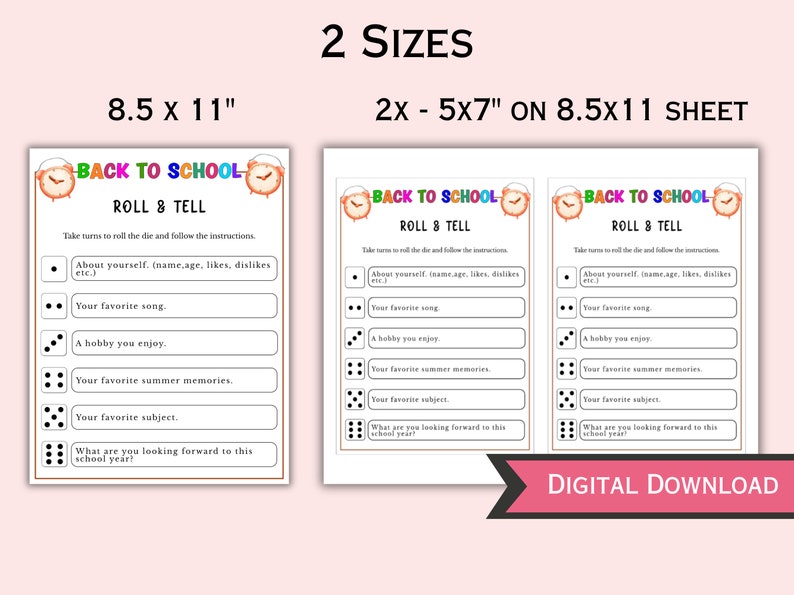 Roll and Tell Dice Game - Printable Back to School Game - First Day of ...