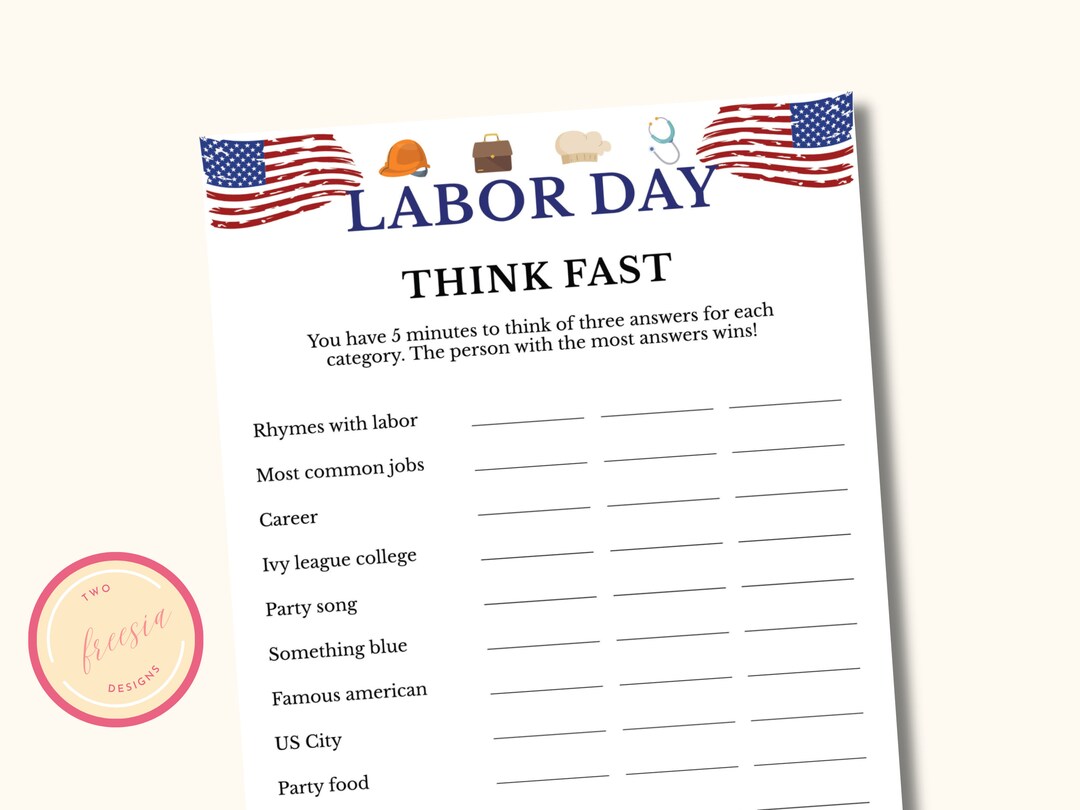 Think Fast Game - Printable Labor Day Party Game and Activity ...