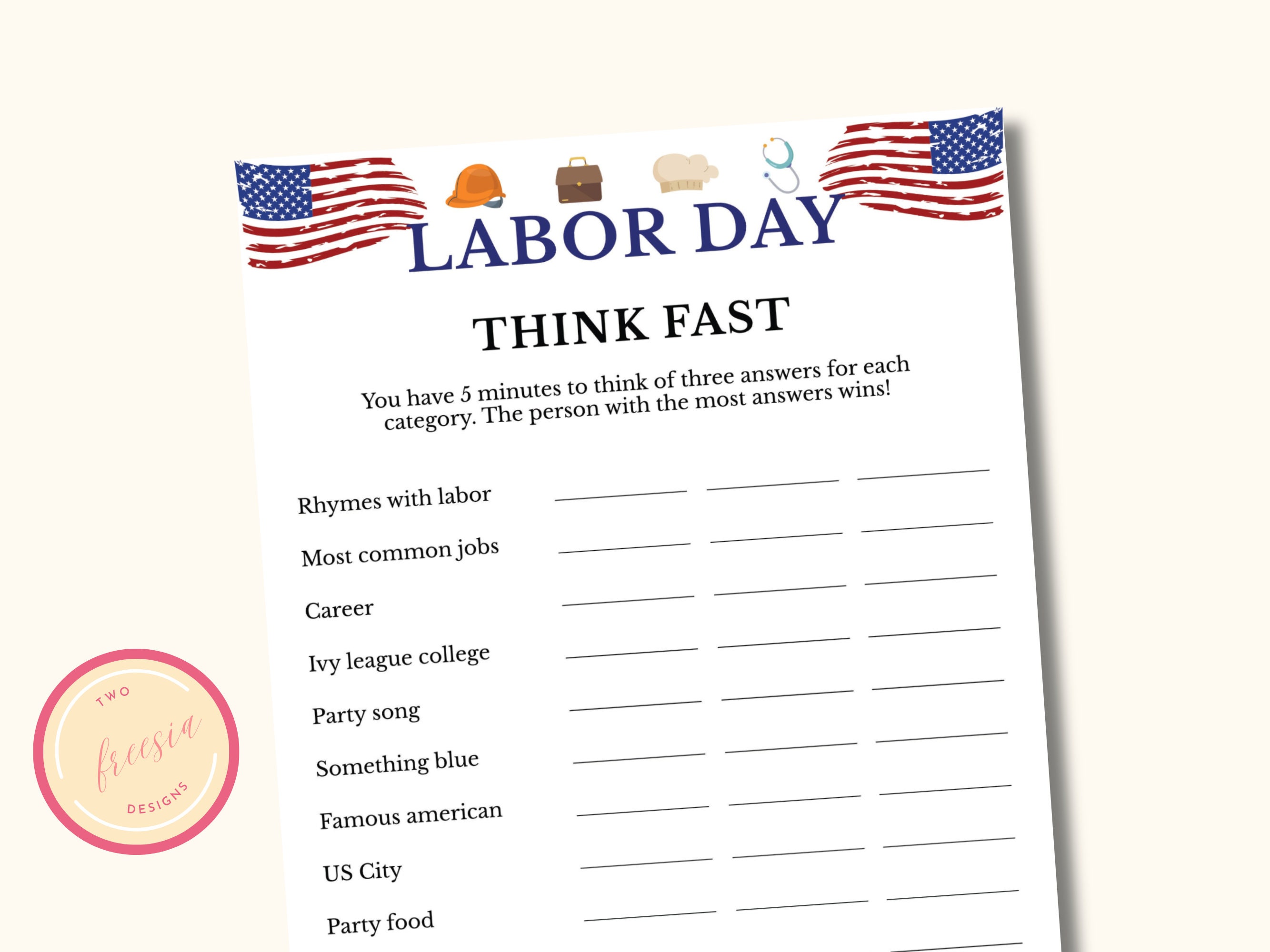 Think Fast Game - Printable Labor Day Party Game and Activity ...
