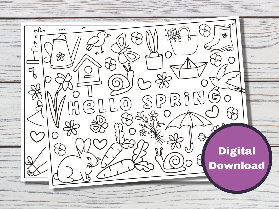 Printable Spring Doodle Coloring Pages Placemat Activity Sheet for Kids ...