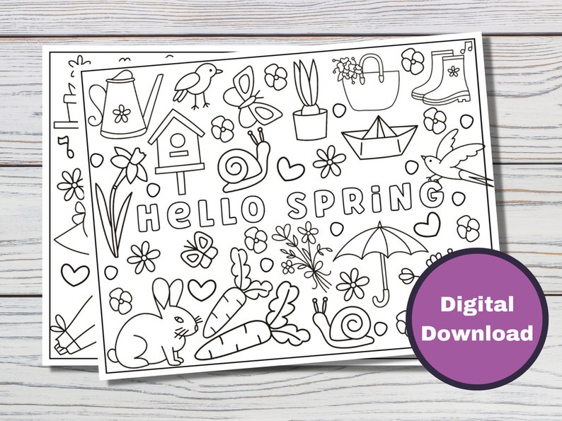 Printable Spring Doodle Coloring Pages Placemat Activity Sheet for Kids ...