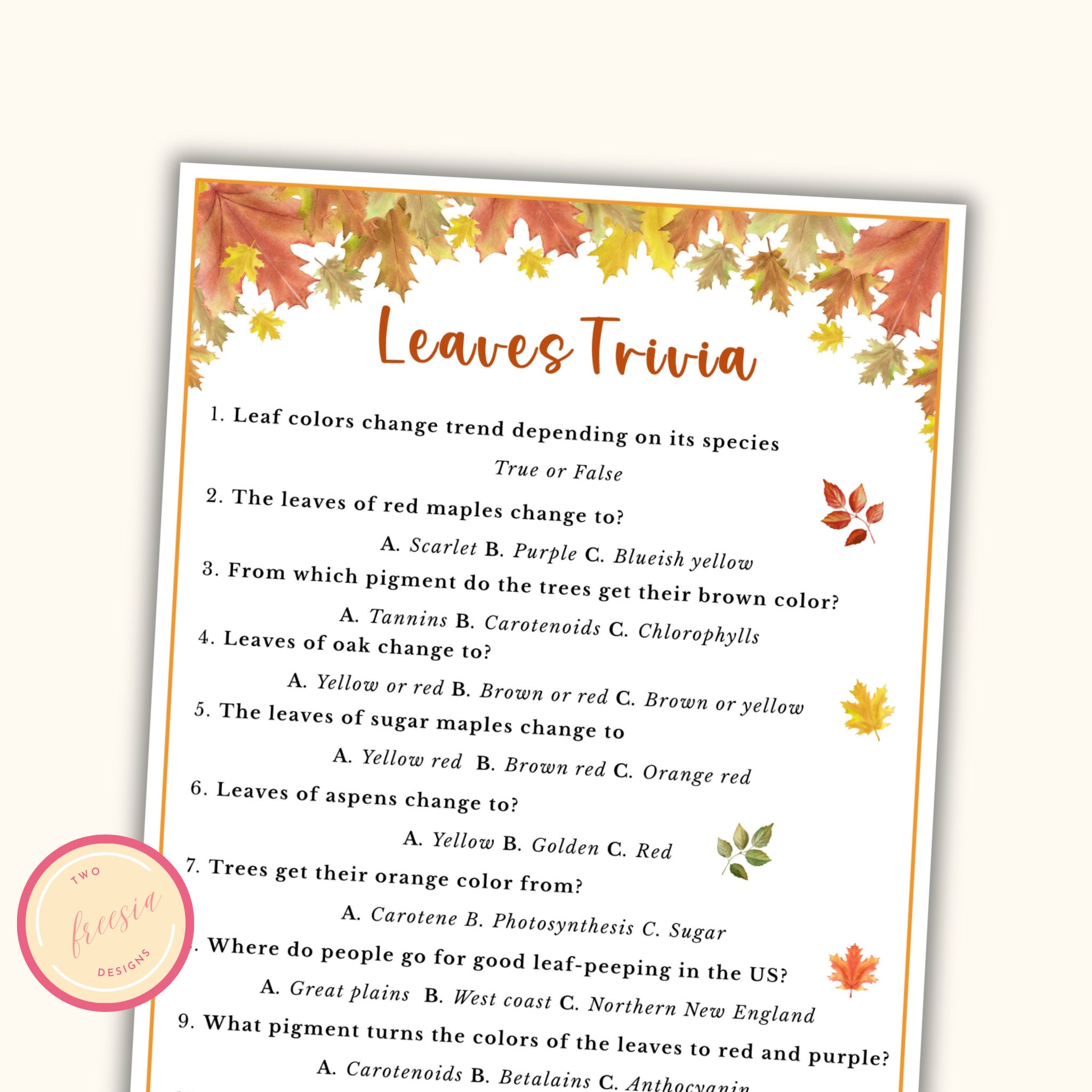 Fall Leaves Trivia Game - Printable Autumn Game - Fun Fall Time ...