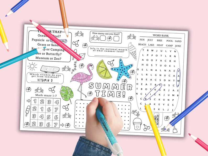 Summer Coloring and Activity Placemat - Printable Summer Activity Pages ...
