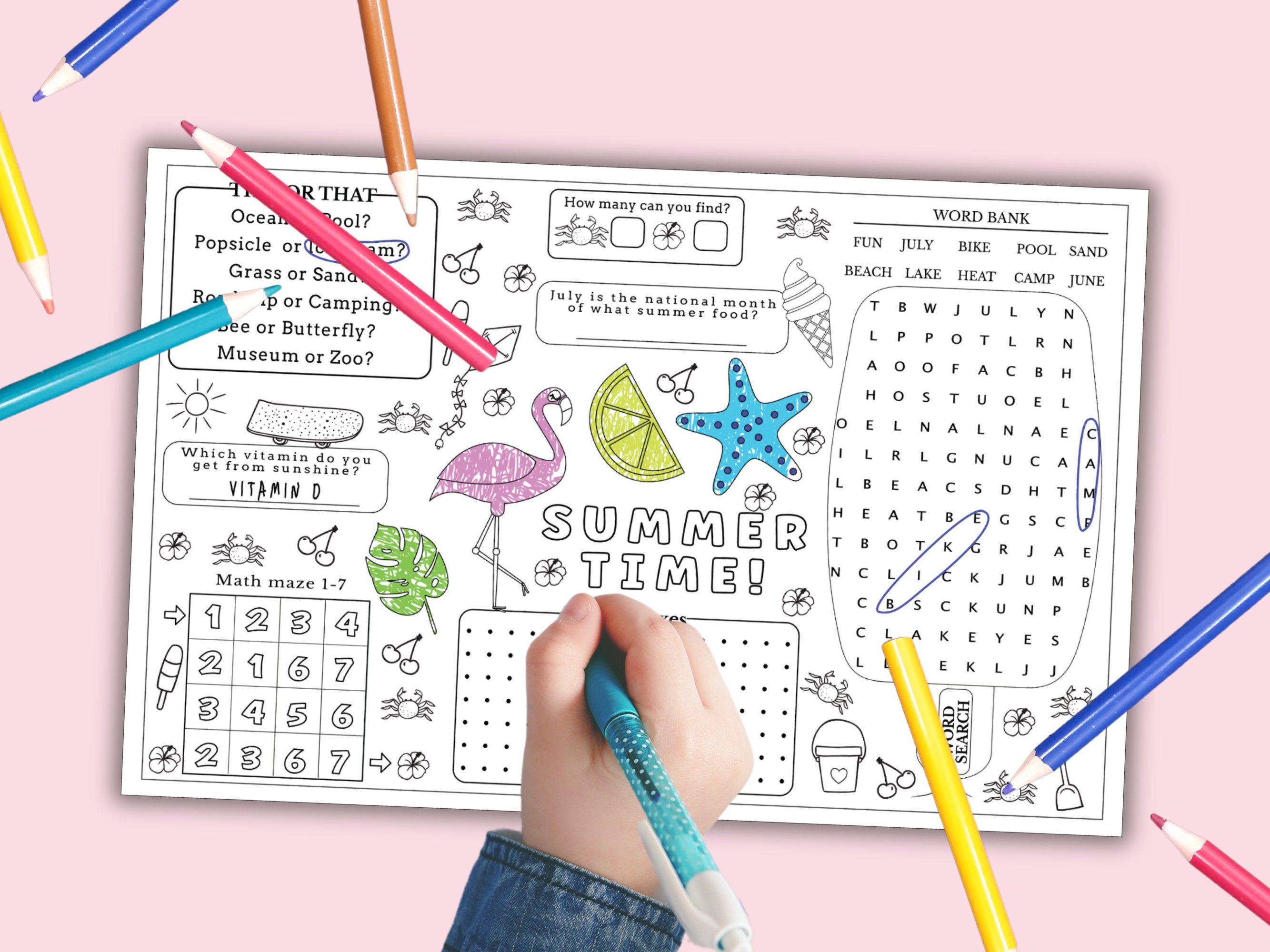 Summer Coloring and Activity Placemat - Printable Summer Activity Pages ...