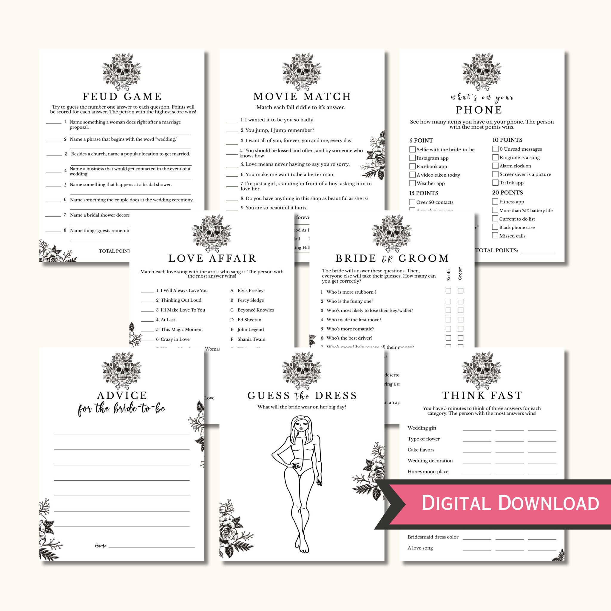 Bride or Die Bridal Shower Game Bundle - 15 Printable Halloween Til ...
