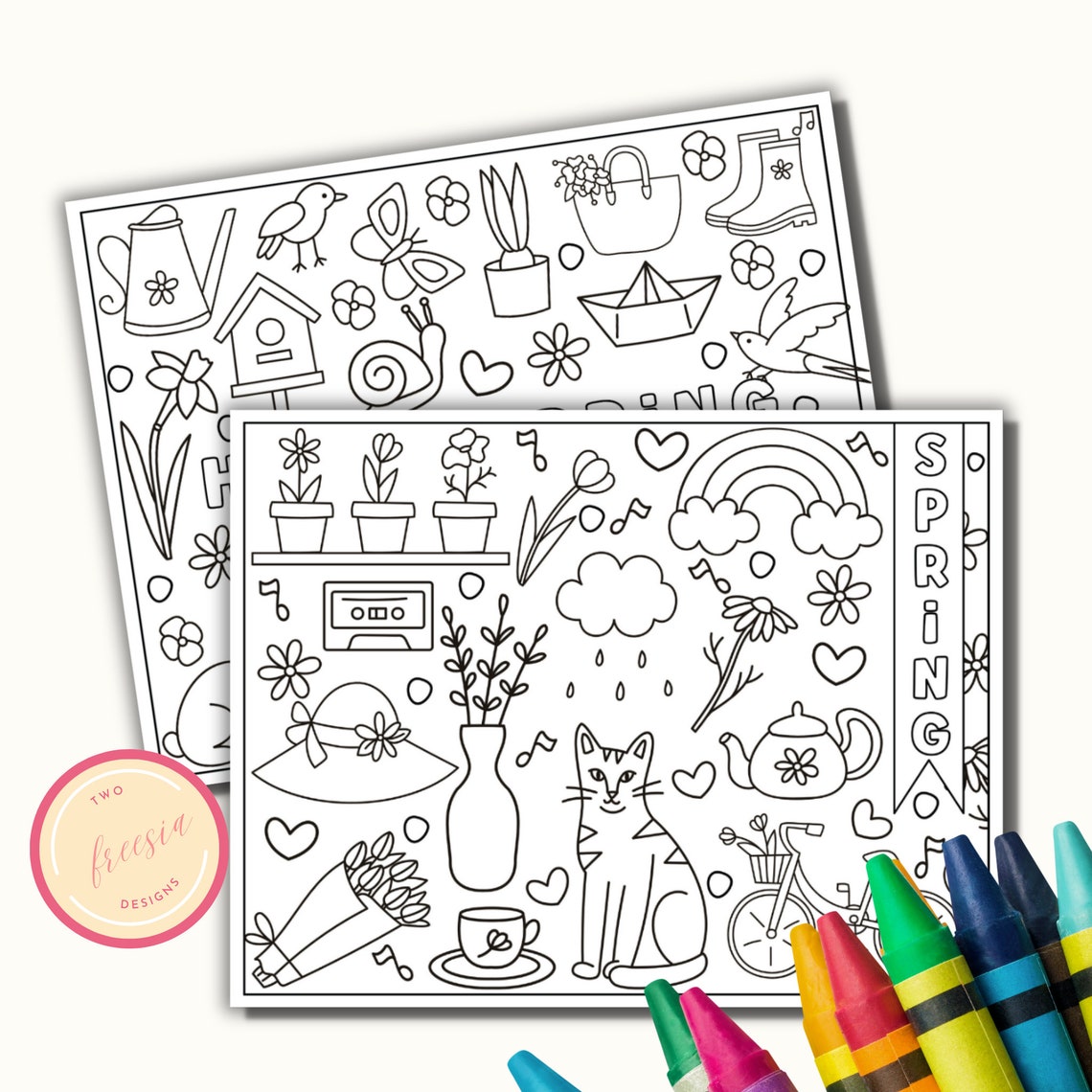 Printable Spring Doodle Coloring Pages Placemat Activity Sheet for Kids ...